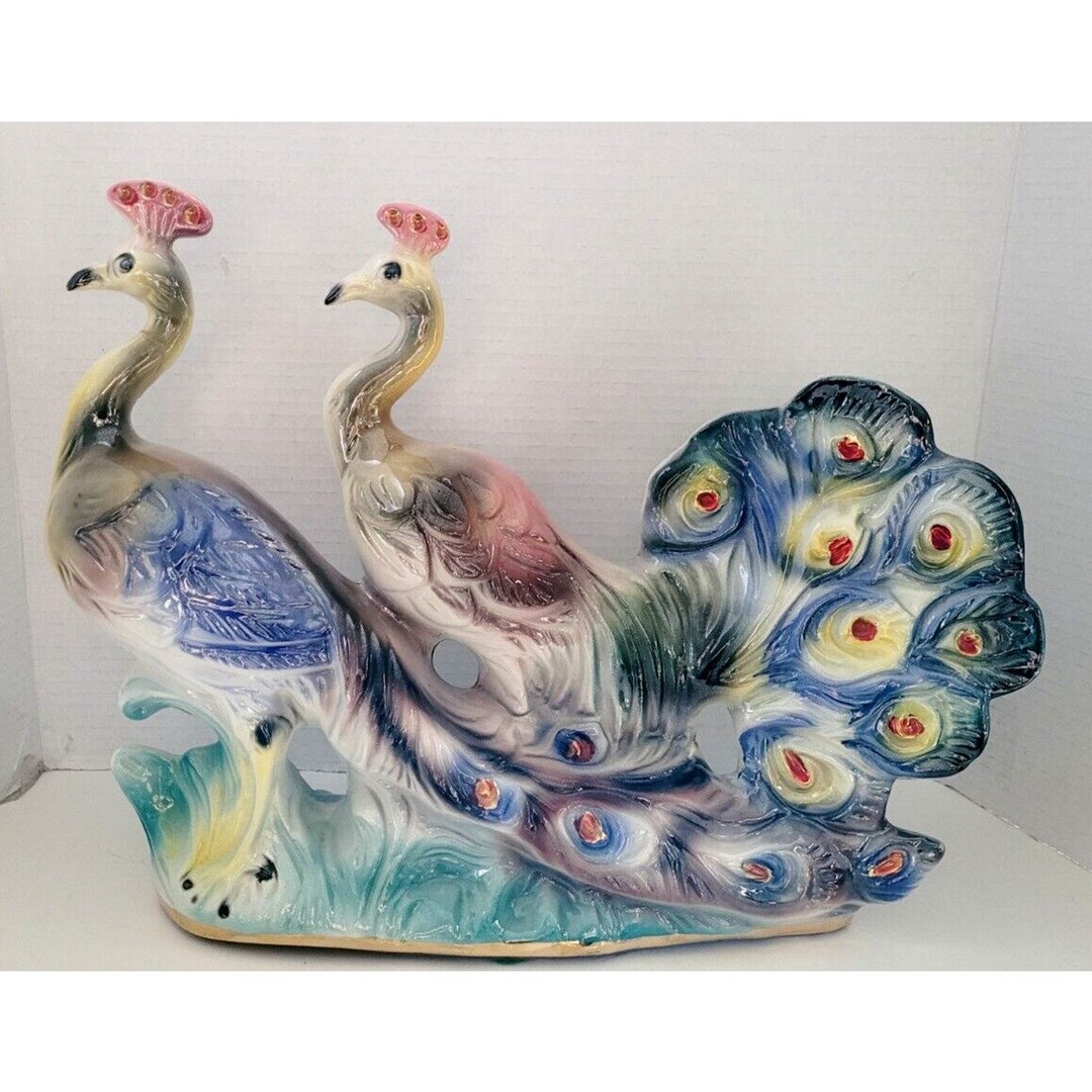 Vintage HOLLYWOOD REGENCY Double Peacock Ceramic Figurine Centerpiece ...