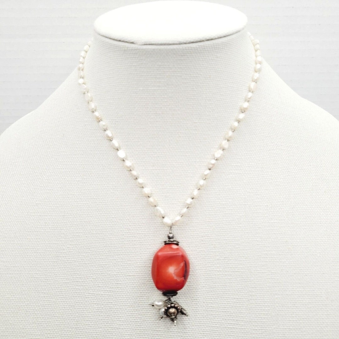 Vintage Brighton Red Coral Stone & White Freshwater Pearls Necklace 16 ...