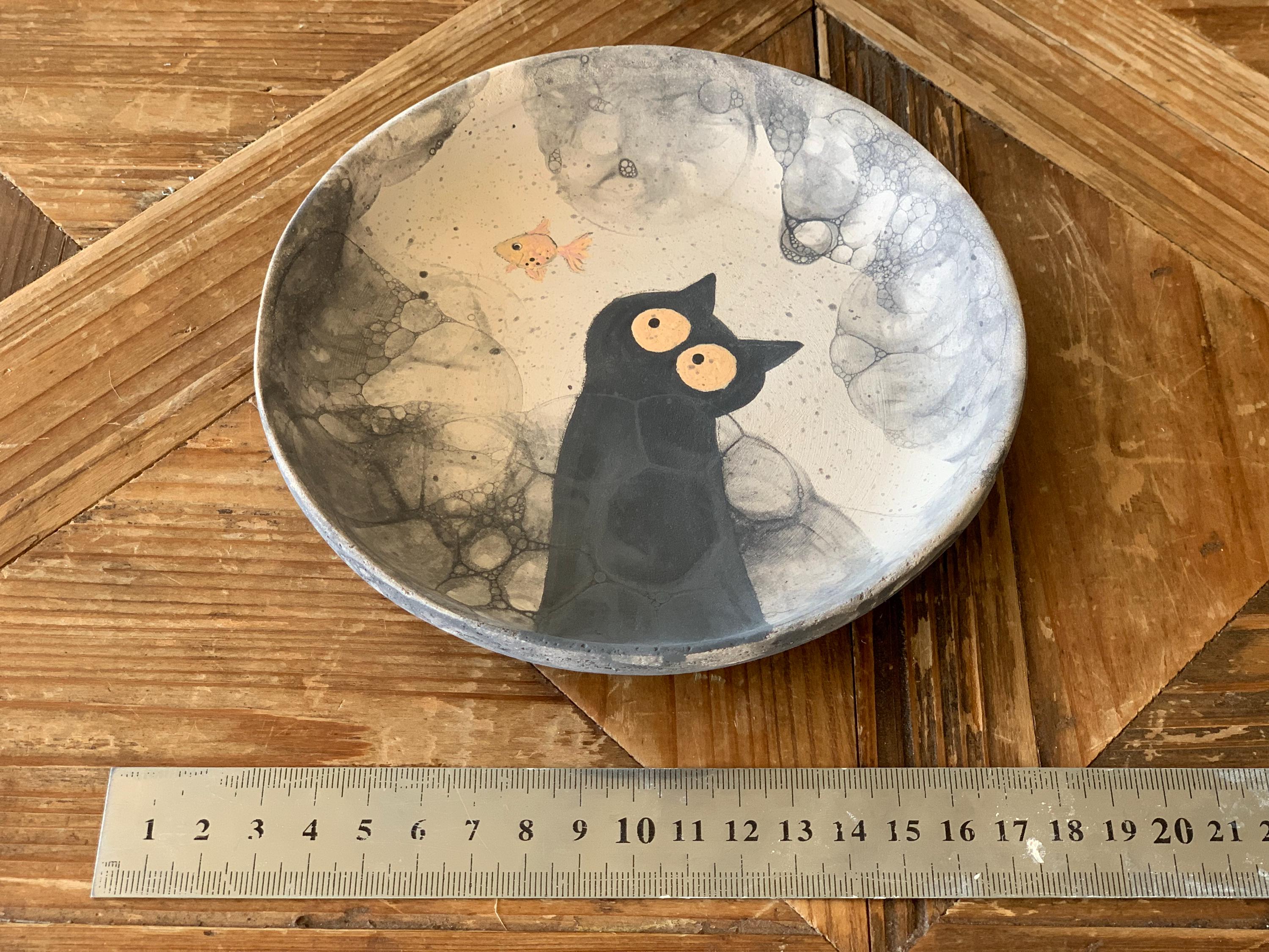 Black Cat & Gold Fish Plate / Nibbles Plate / Trinket Dish / Ring Plate ...