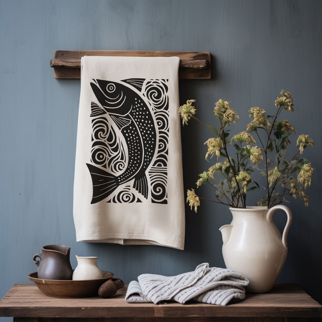 Tea Towel With Fish Print, Organic Cotton Hand Towel, Unique Linoprint ...