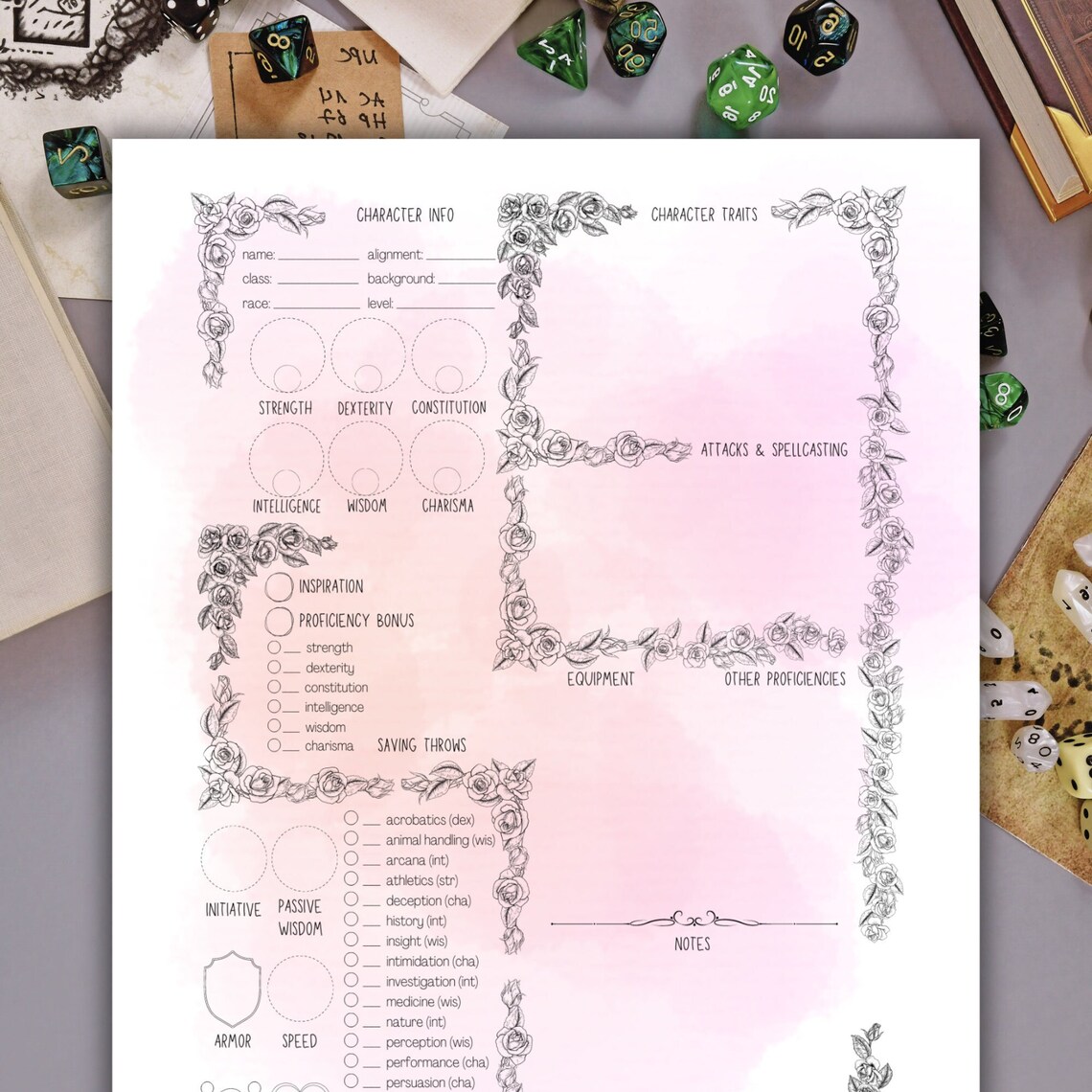Dnd Character Sheet: Flower Rose, Pink Fillable Floral Druid Dungeons ...
