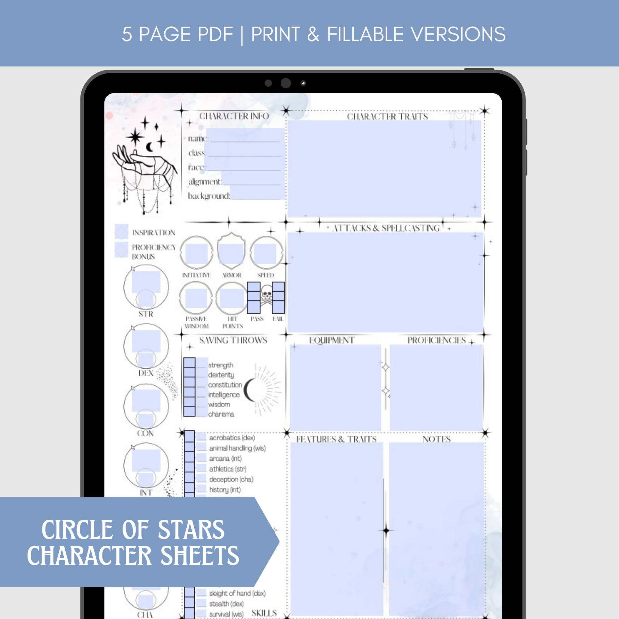 Dnd 5e Character Sheet: Circle of Stars Druid, Celestial Fillable PDF ...