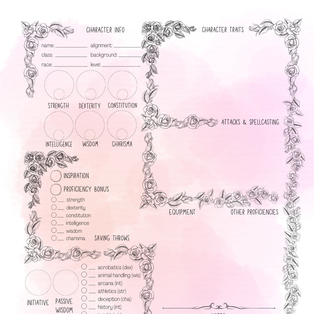 Dnd Character Sheet: Rose Form Fillable Floral Druid Dungeons - Etsy