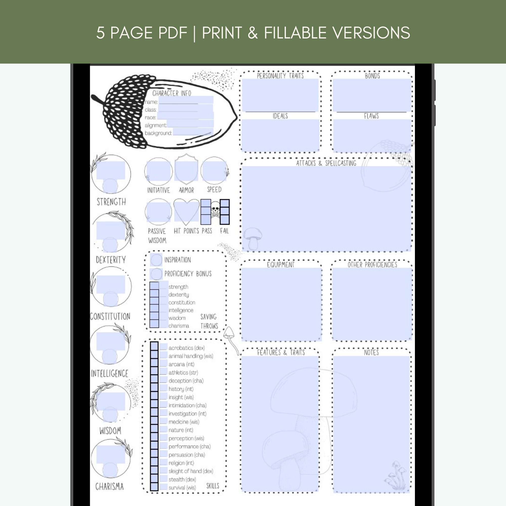 Dnd 5e Character Sheet: Nature Fillable Dungeons & Dragons - Etsy Hong Kong