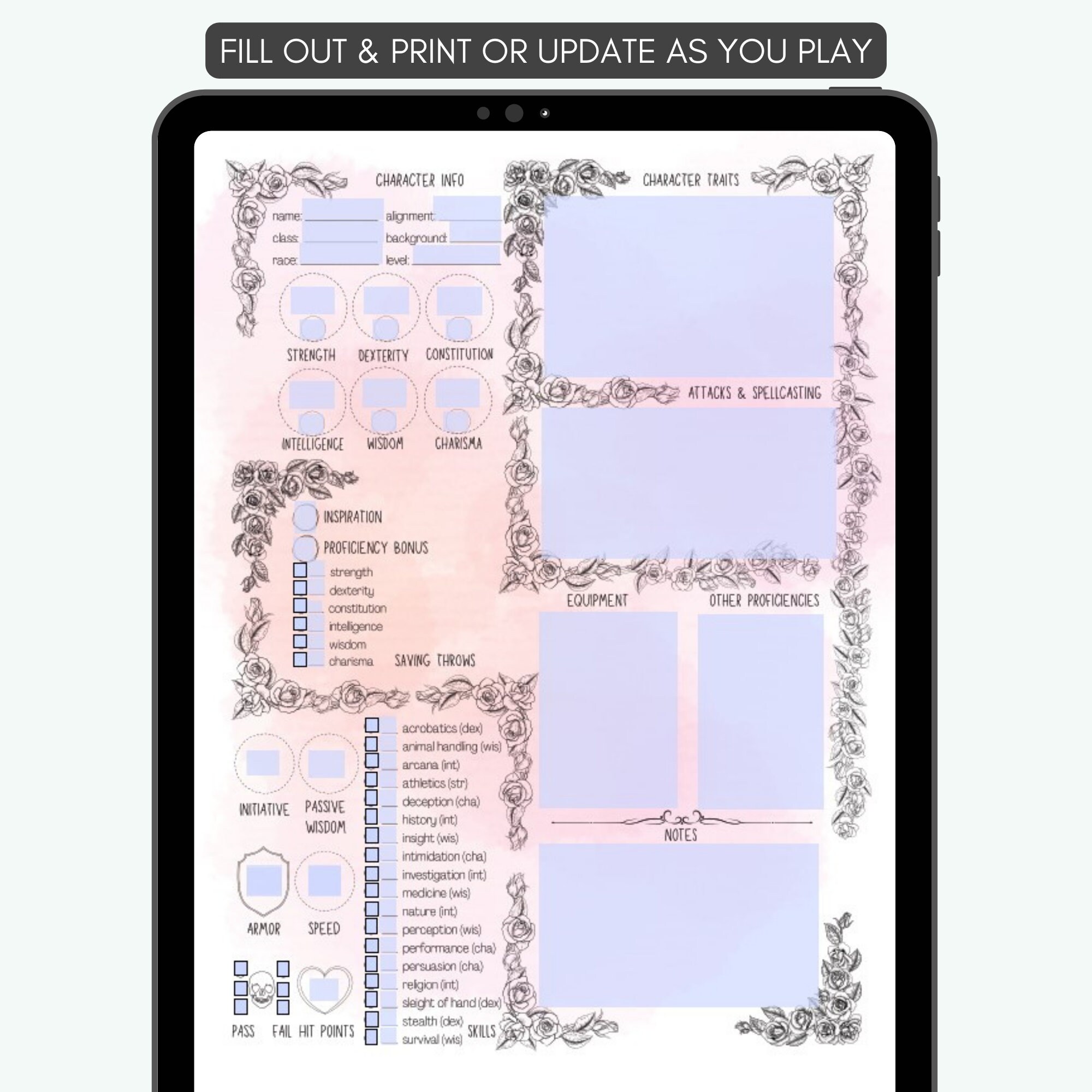 Dnd Character Sheet: Flower Rose, Pink Fillable Floral Druid Dungeons ...