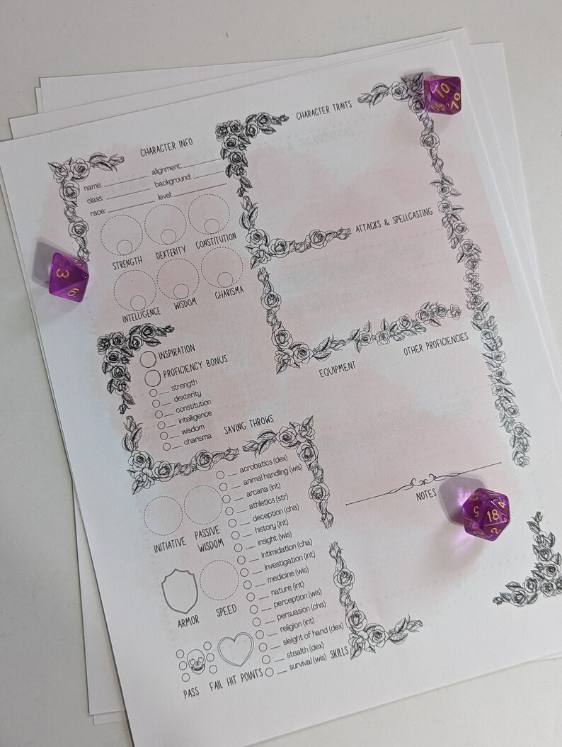 Dnd Character Sheet: Rose Form Fillable Floral Druid Dungeons - Etsy