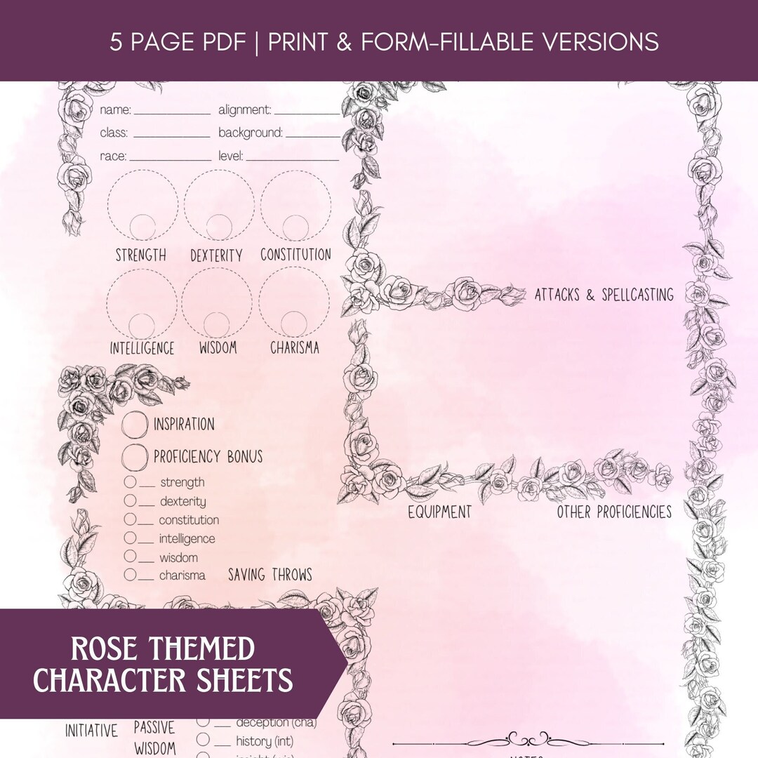 Dnd Character Sheet: Rose Form Fillable Floral Druid Dungeons - Etsy