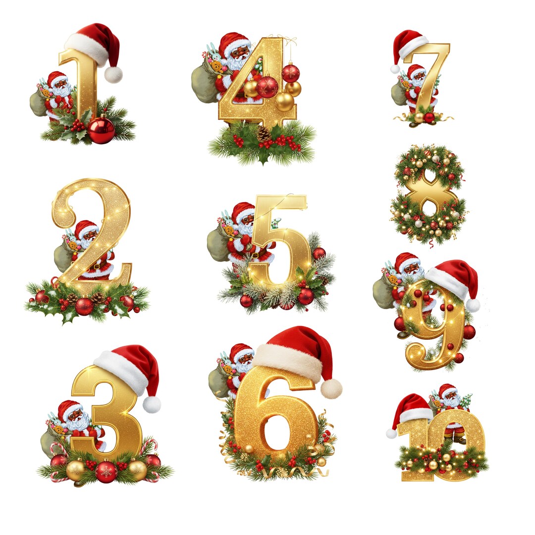 Gold Christmas Numbers 1-10 PNG Clipart – Festive Santa Hats (digital ...
