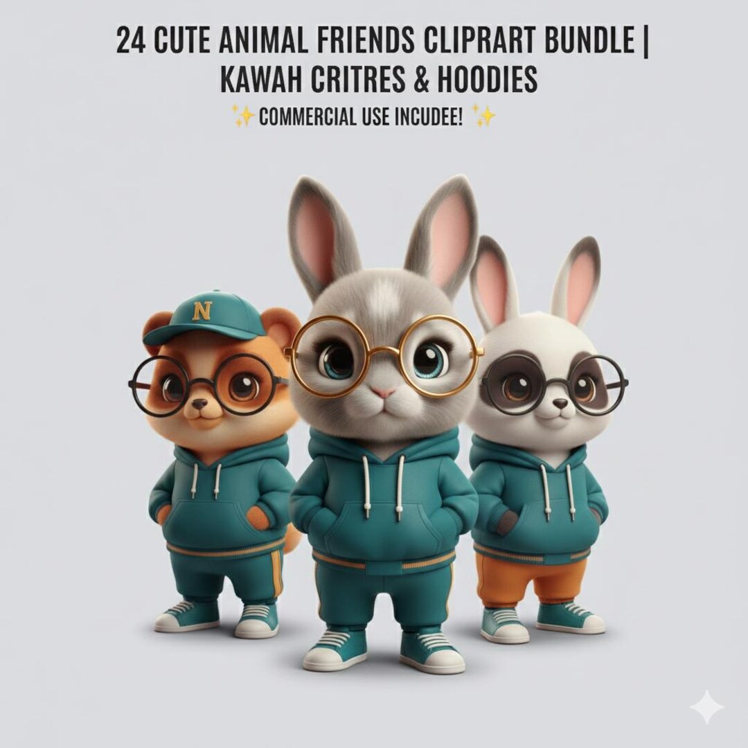 Animal Friends Clipart Bundle | Kawaii Critters With Glasses & Hoodies ...