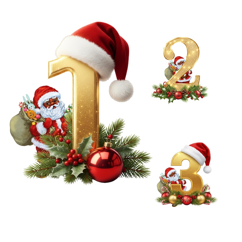 Christmas Numbers 1–10 PNG Bundle | Gold Festive Numbers With Santa Hat ...