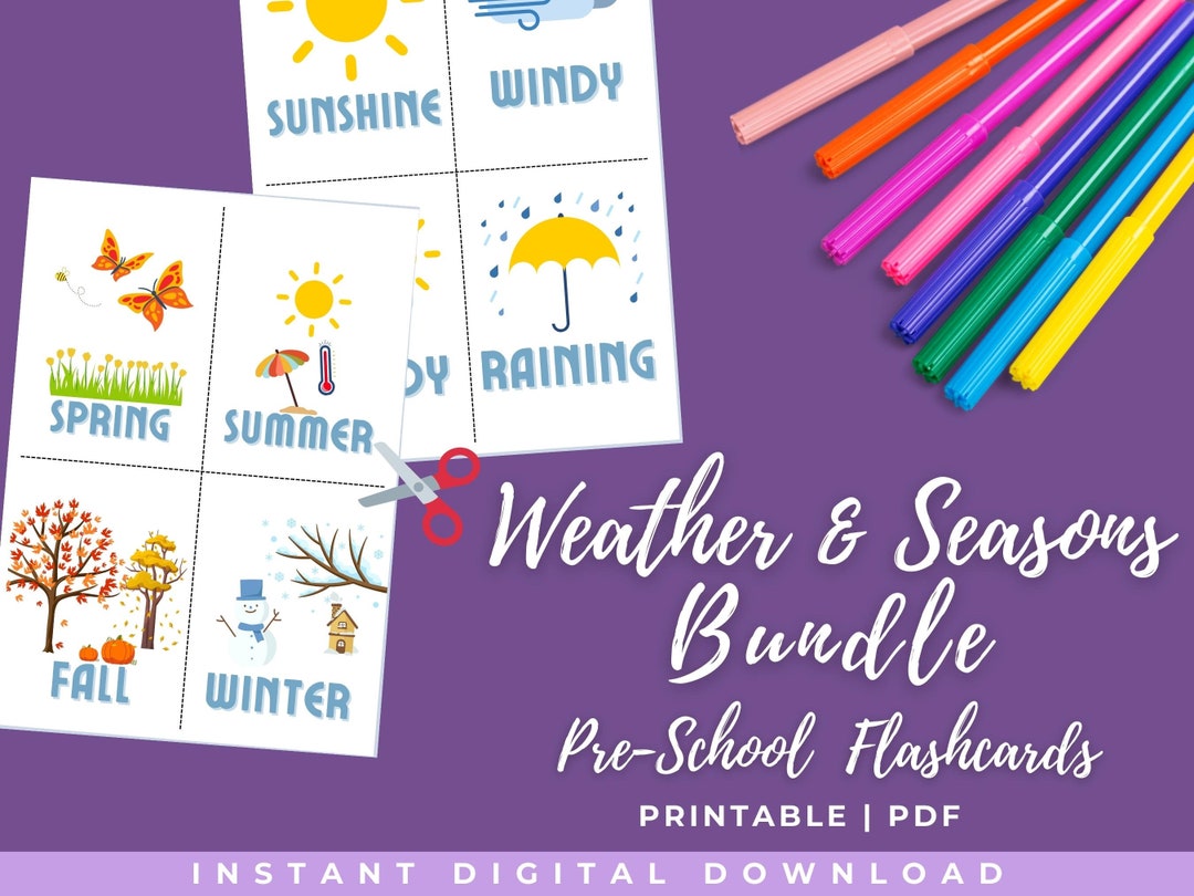 Printable Weather and Seasons Bundle Flash Cards for Toddler, Preschool ...