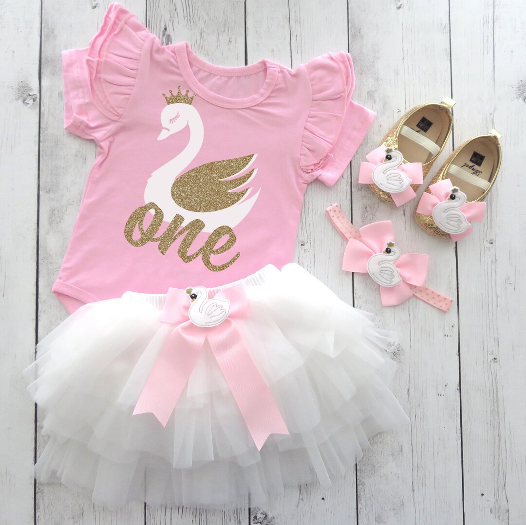 Swan First Birthday Outfit for Girl in Pink, Mint and Gold - Swan ...