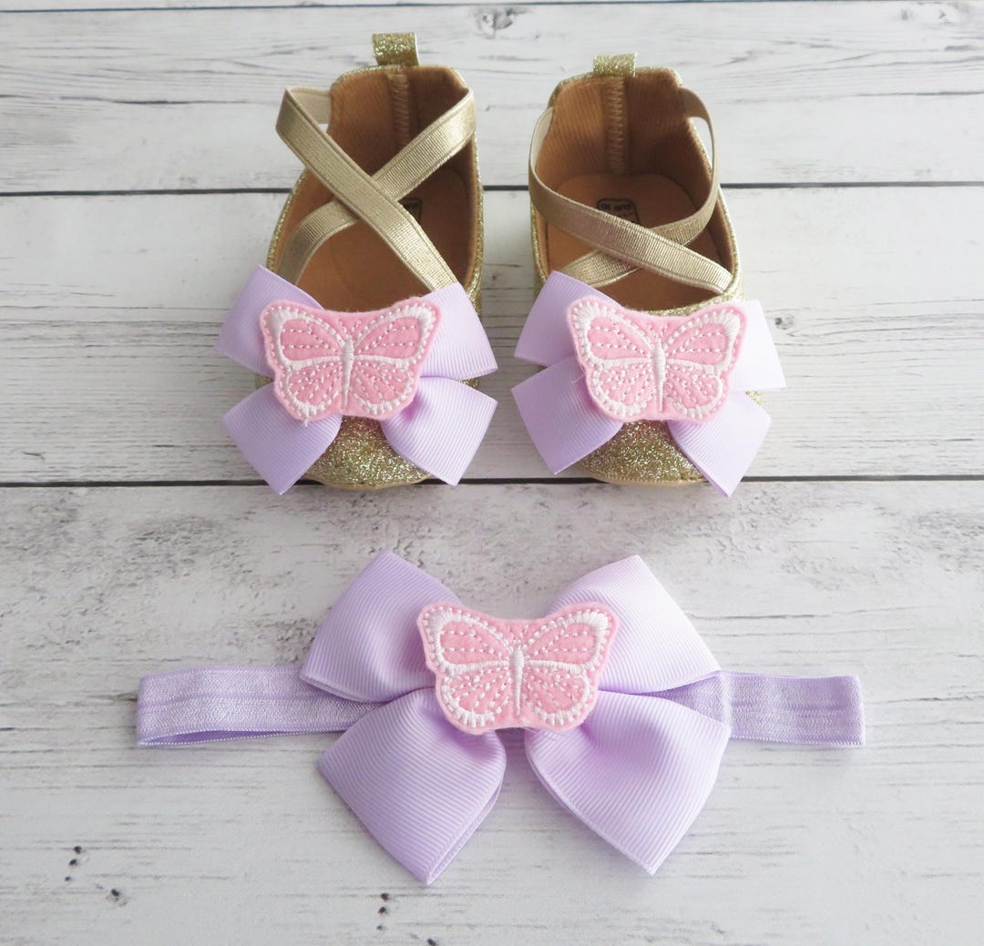 Butterfly First Birthday Shoes & Headband Set in Light Pink and Purple ...