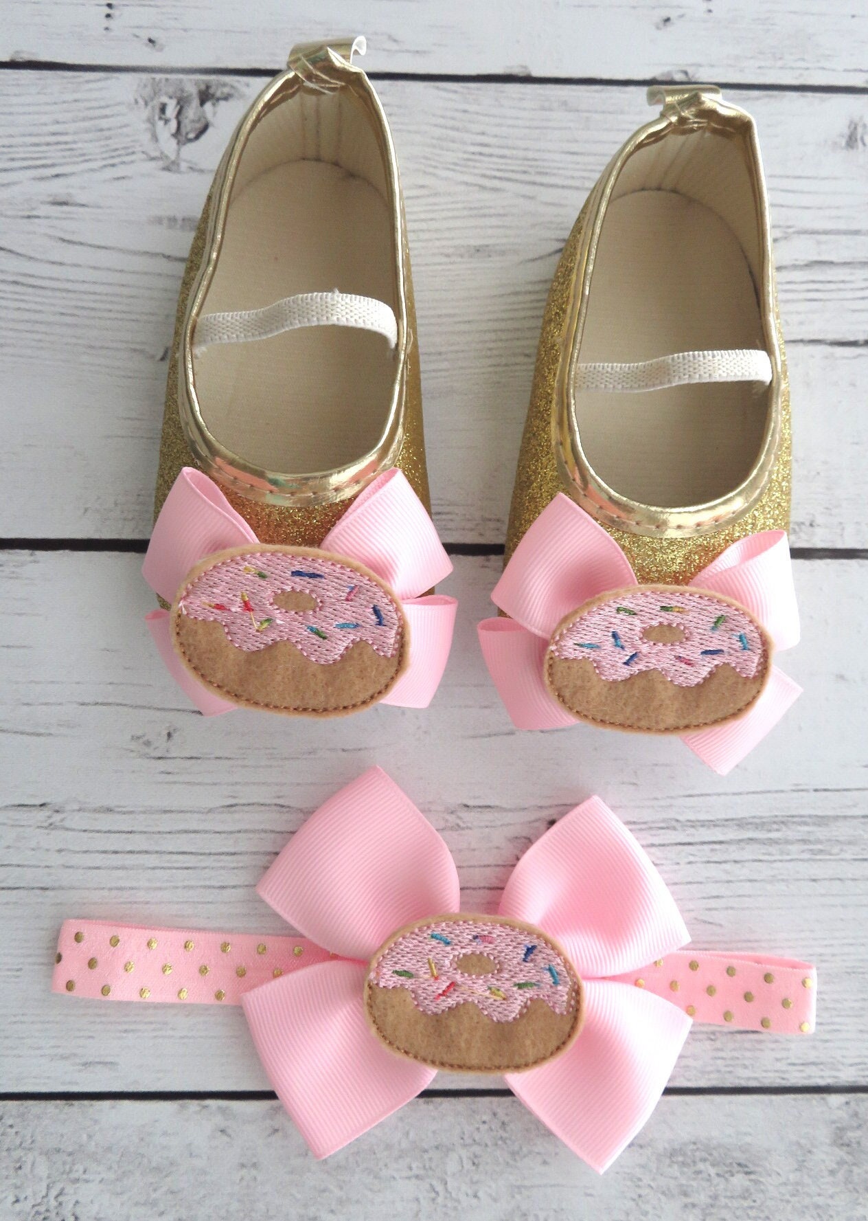 Sweet One Donut First Birthday Shoes & Headband Set for Girl in Pink ...
