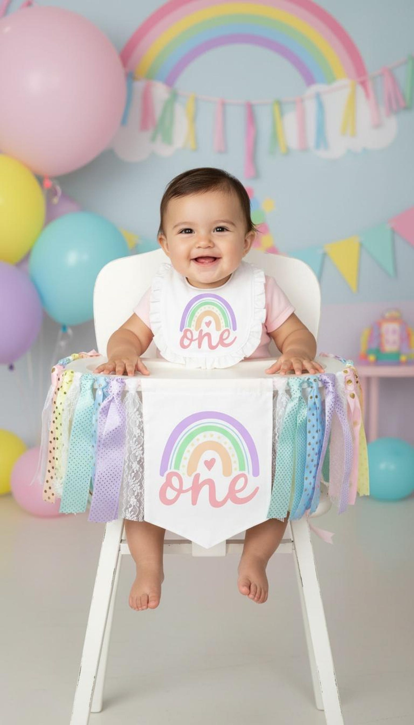 Pastel Rainbow High Chair Banner for First Birthday - Pastel Rainbow ...