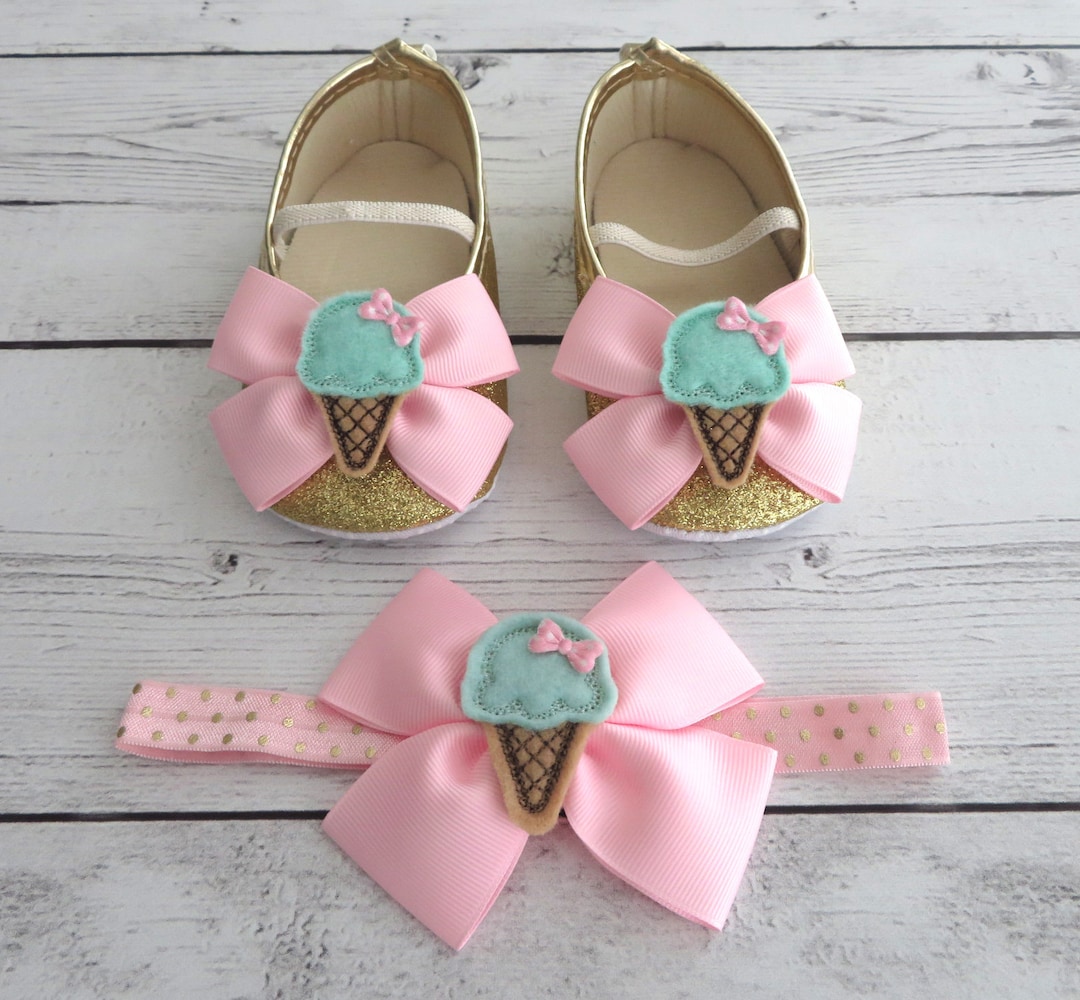 Sweet One Ice Cream First Birthday Shoes & Headband Set for Girl in ...
