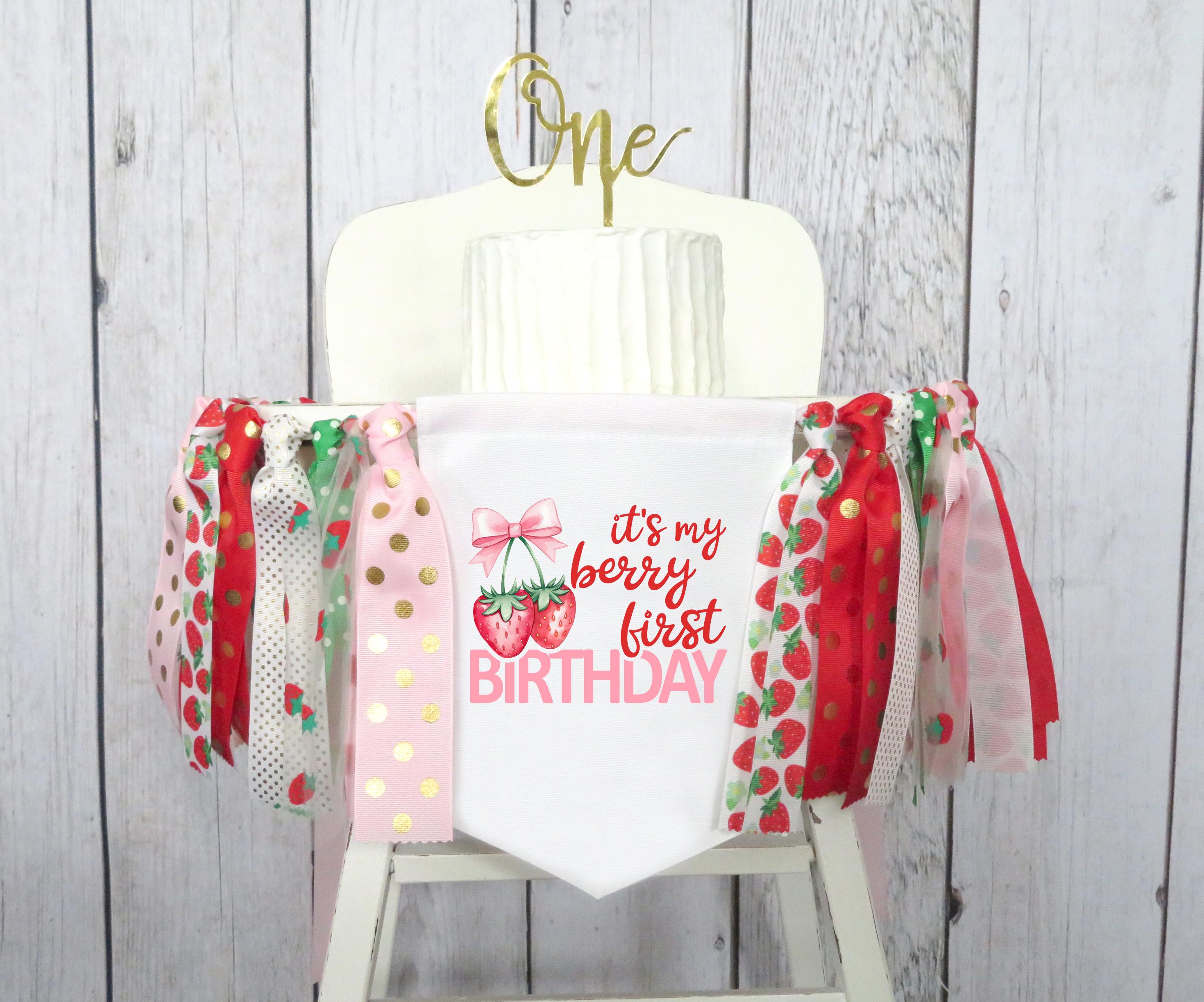 Strawberry Birthday High Chair Banner - Berry First Birthday, Pink Red ...
