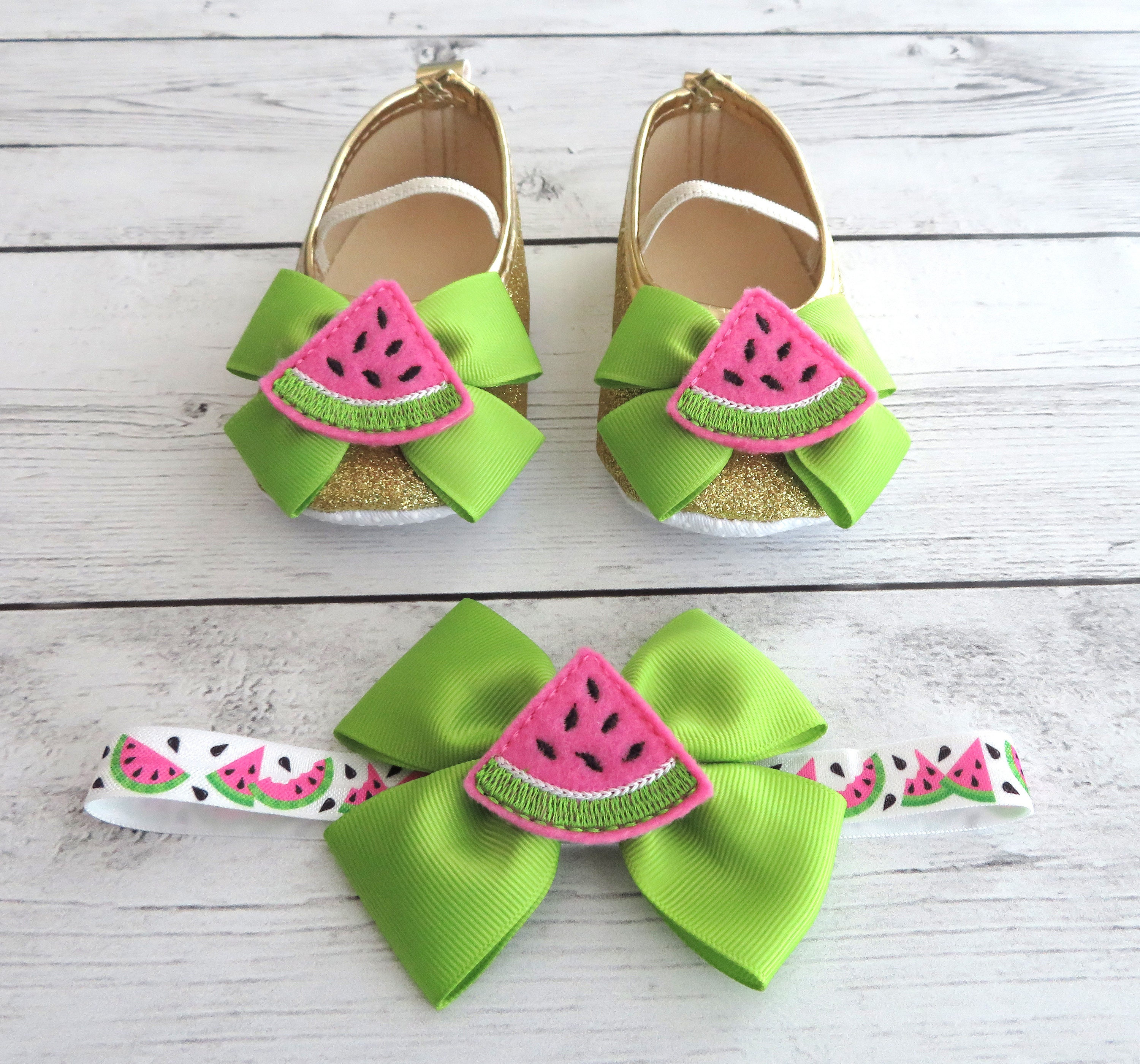 Watermelon First Birthday Shoes & Headband Set in Lime Green and Pink ...
