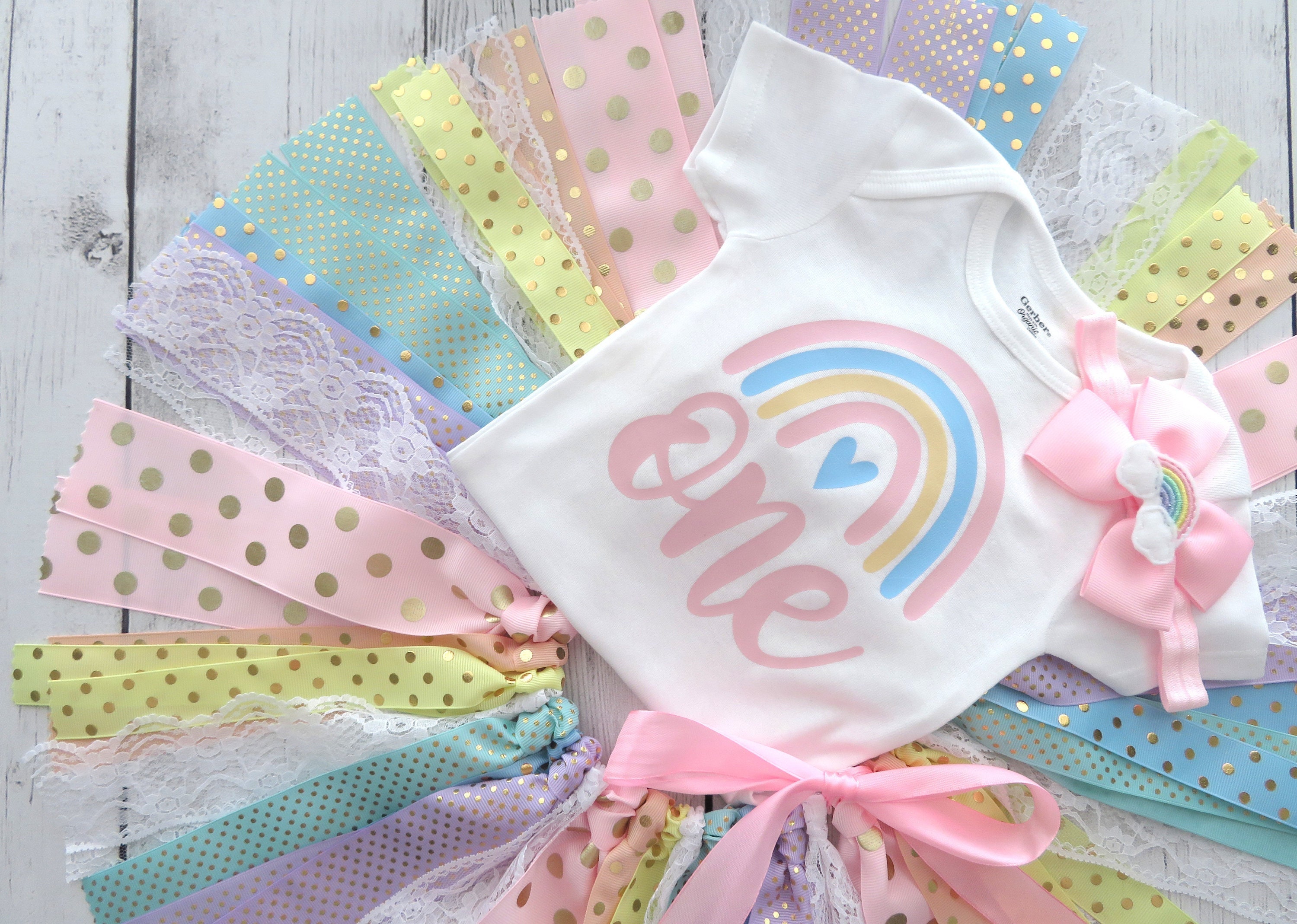 Pastel Rainbow First Birthday Outfit With Fabric Tutu, Headband and ...