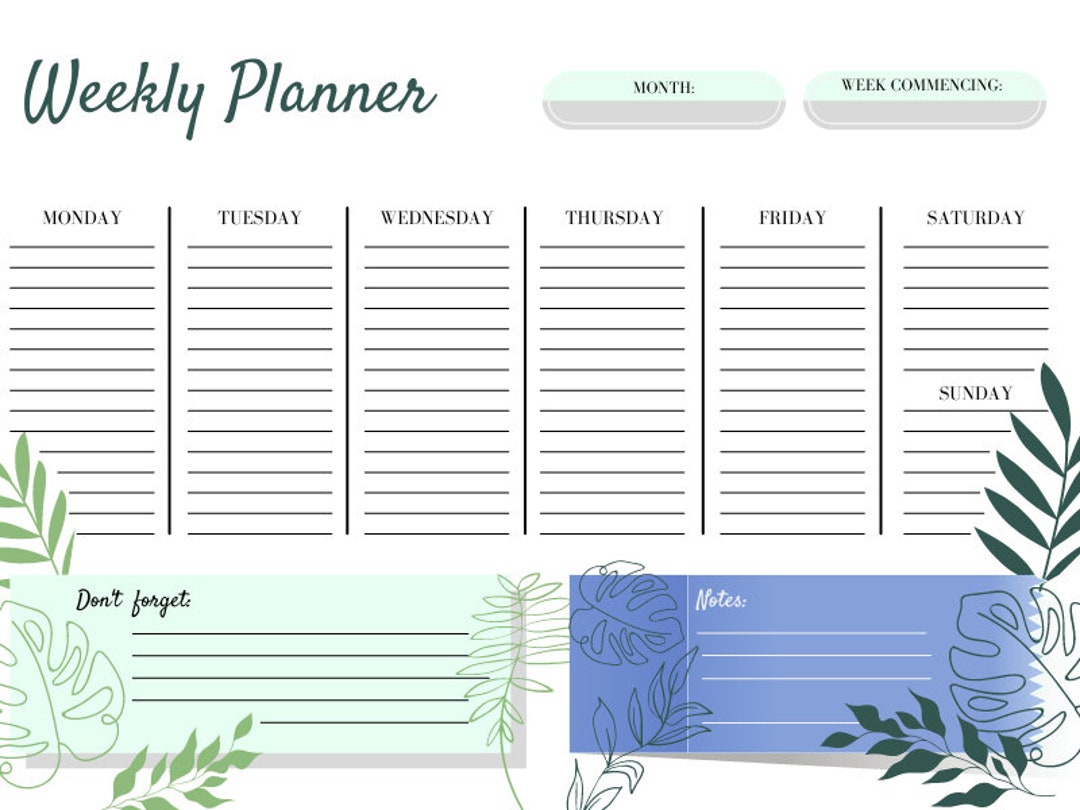 Weekly Planner, Digital Download, Digital Print, Notes and Reminders - Etsy
