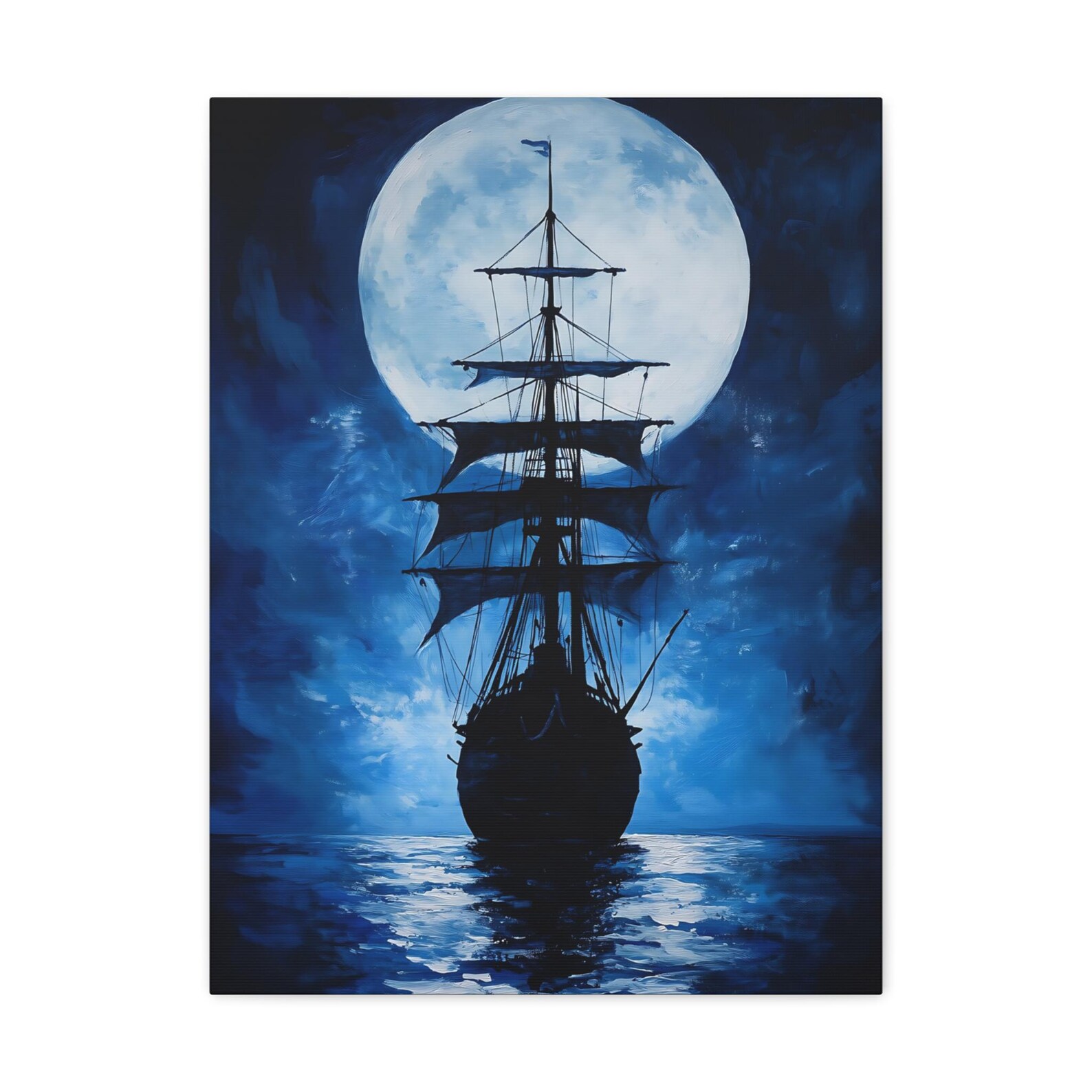 Moonlit Voyage: Silhouette of a Ship on Still Ocean at Night Canvas ...