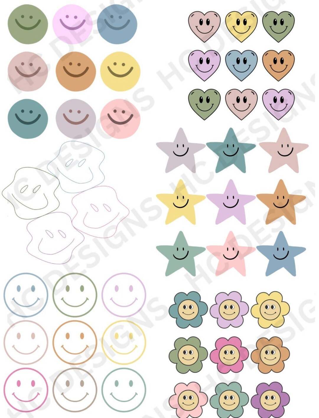 6 Pack - Smileys Png Files / Heart Smiley / Star Smiley / Melted Smiley ...