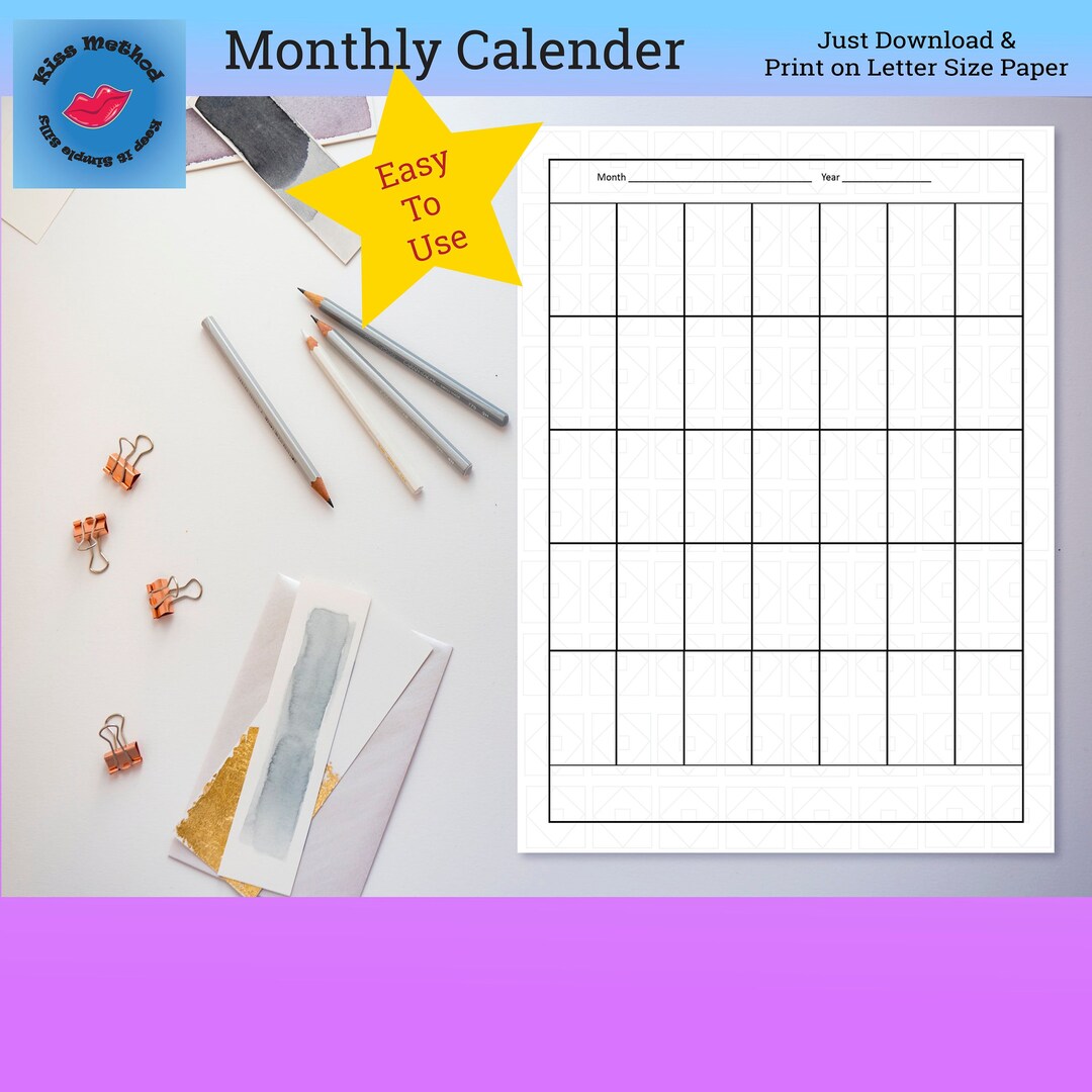 Monthly Calendar Planner Tracker Grid Simple Easy to Use Download and ...