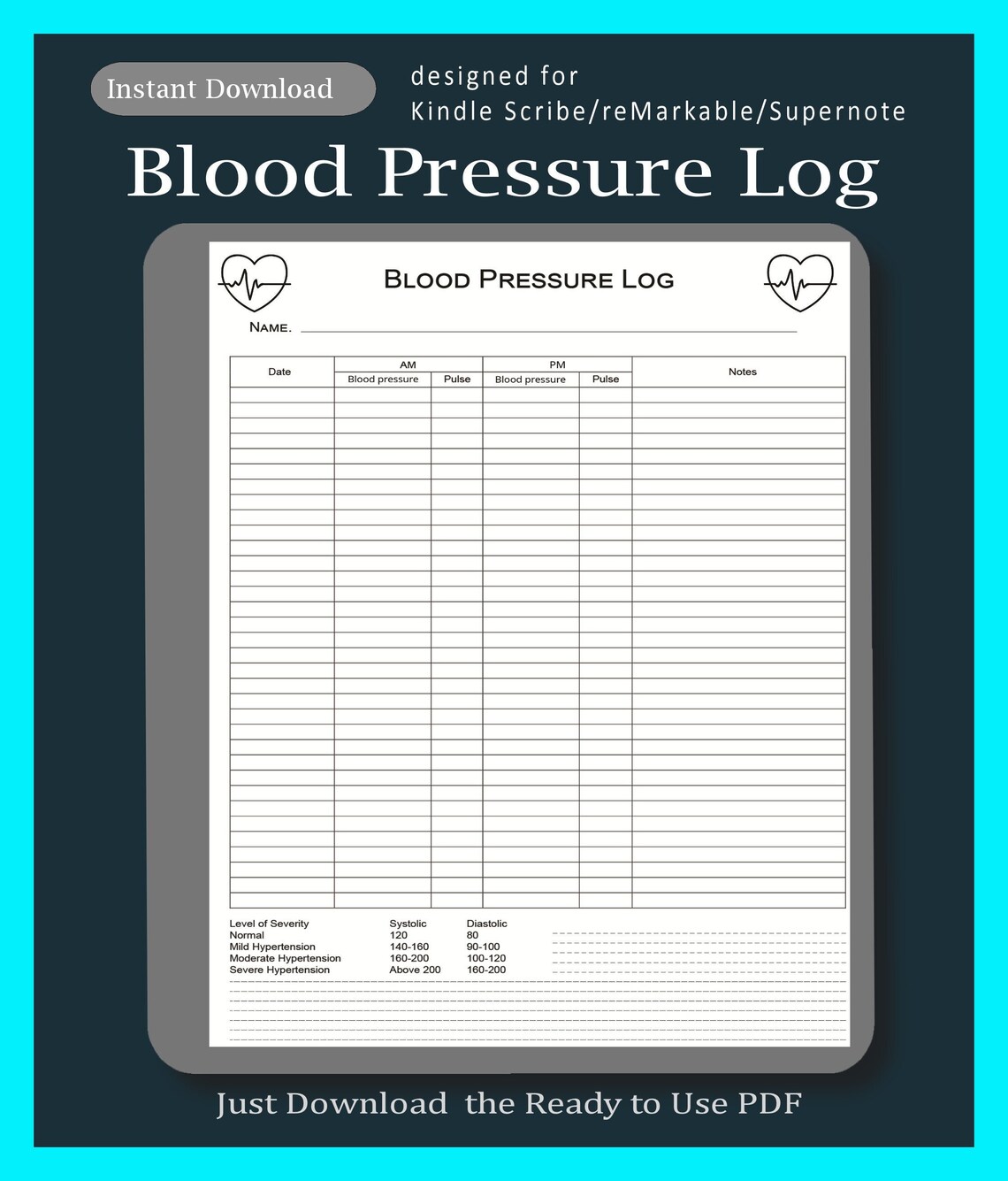 Blood Pressure Log PDF Download and Print or Use With Kindle Scribe ...