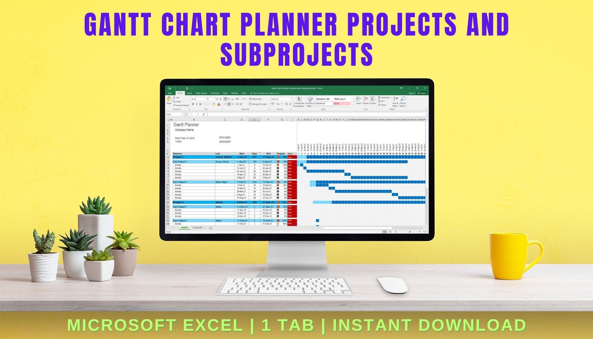 Project Planner Excel Template With Subprojects - Gantt Chart Planner ...