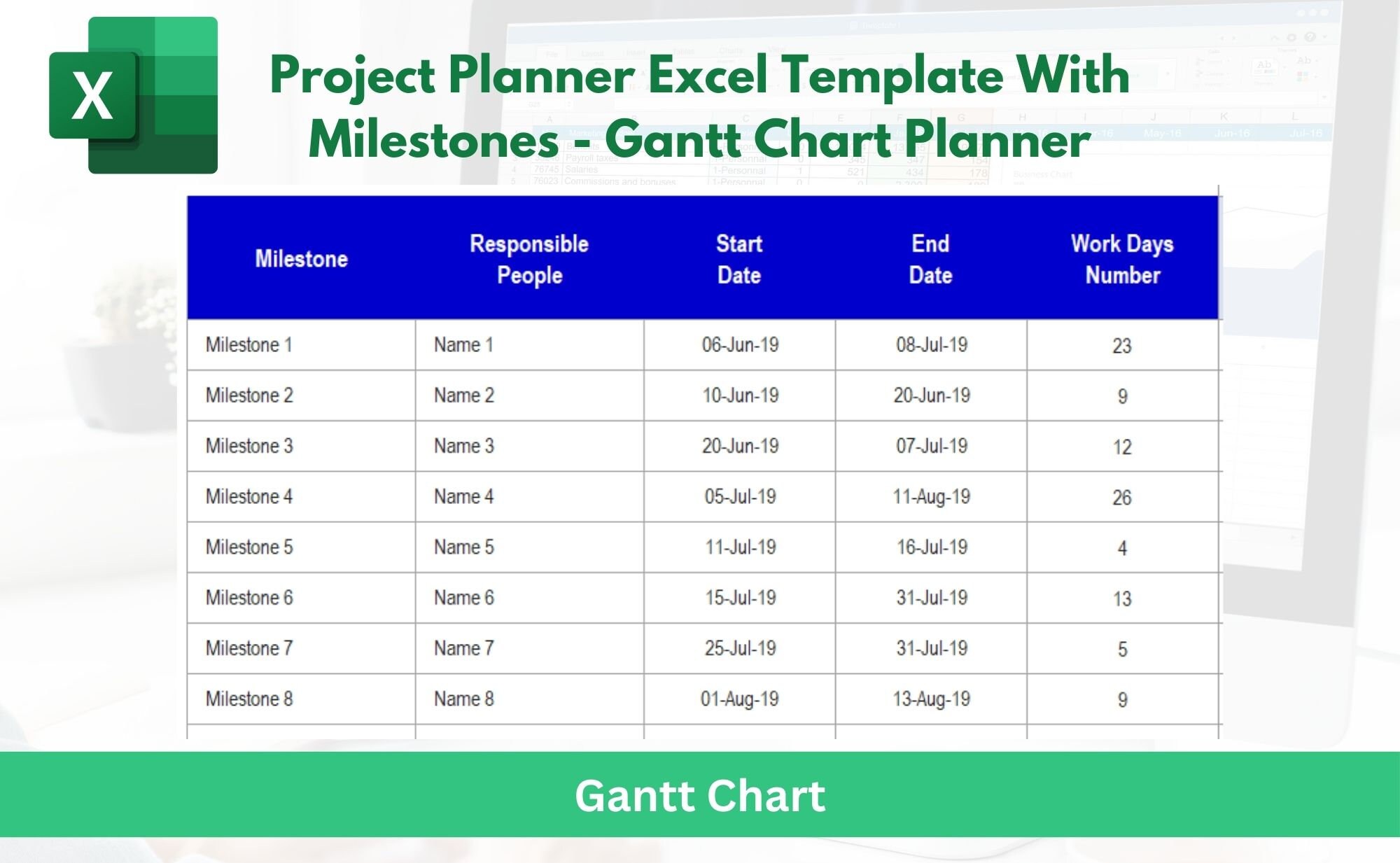 Project Planner Excel Template With Milestones - Gantt Chart Planner - Etsy