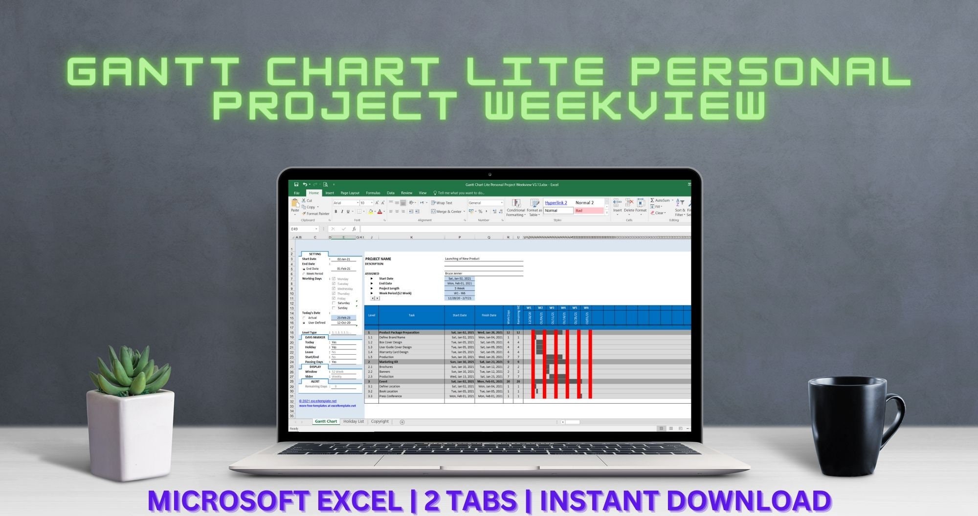 Weekly Project Planner Excel Template With Gantt Chart - Etsy UK