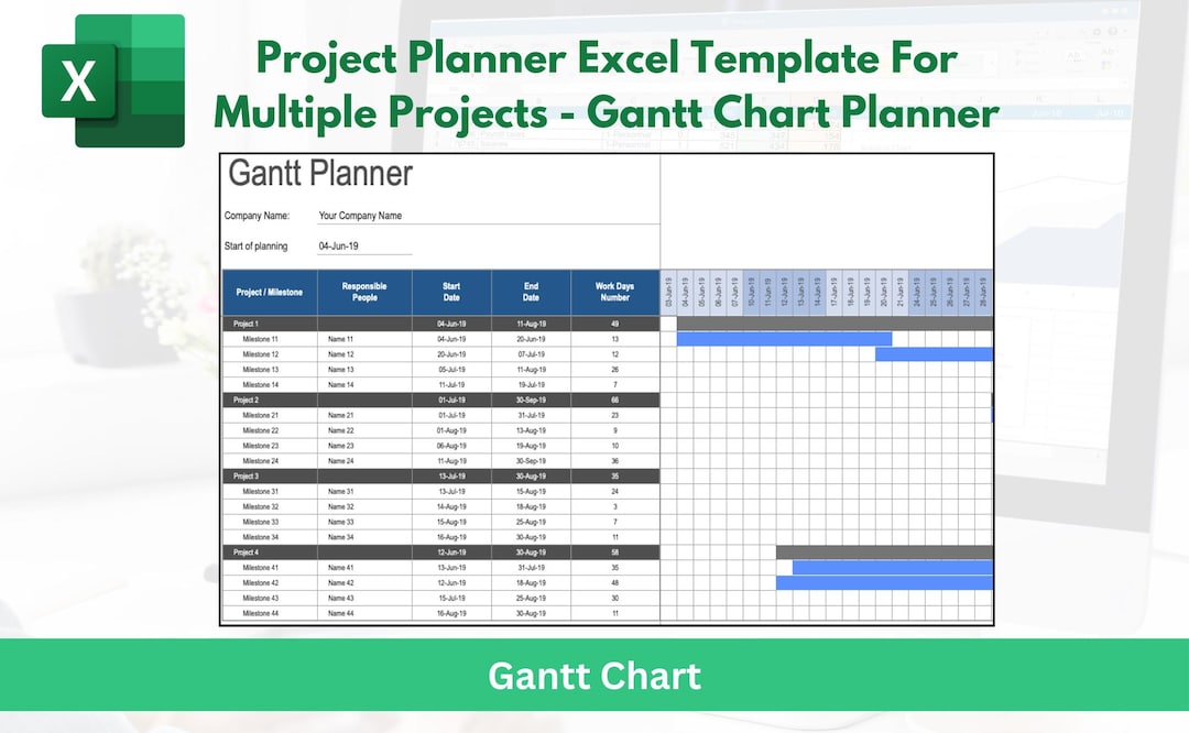 Project Planner Excel Template for Multiple Projects - Gantt Chart ...