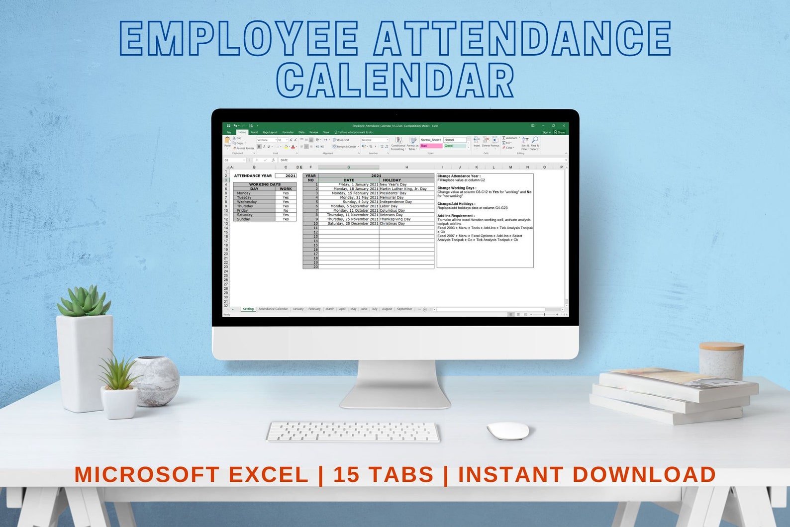 Employee Attendance Calendar & Attendance Tracker With Half Day off ...