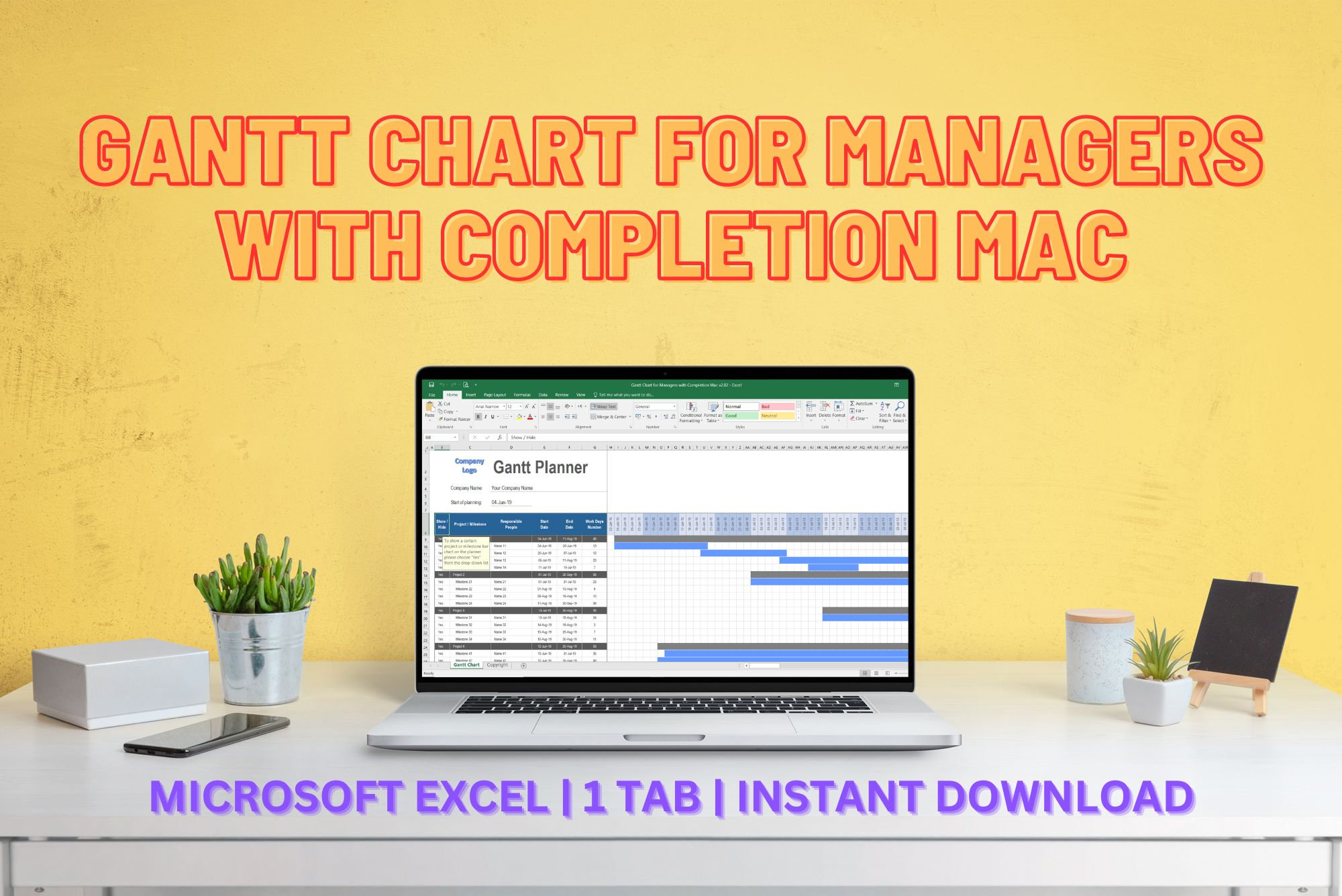 Project Management Excel Template for Managers Gantt Chart Planner With ...