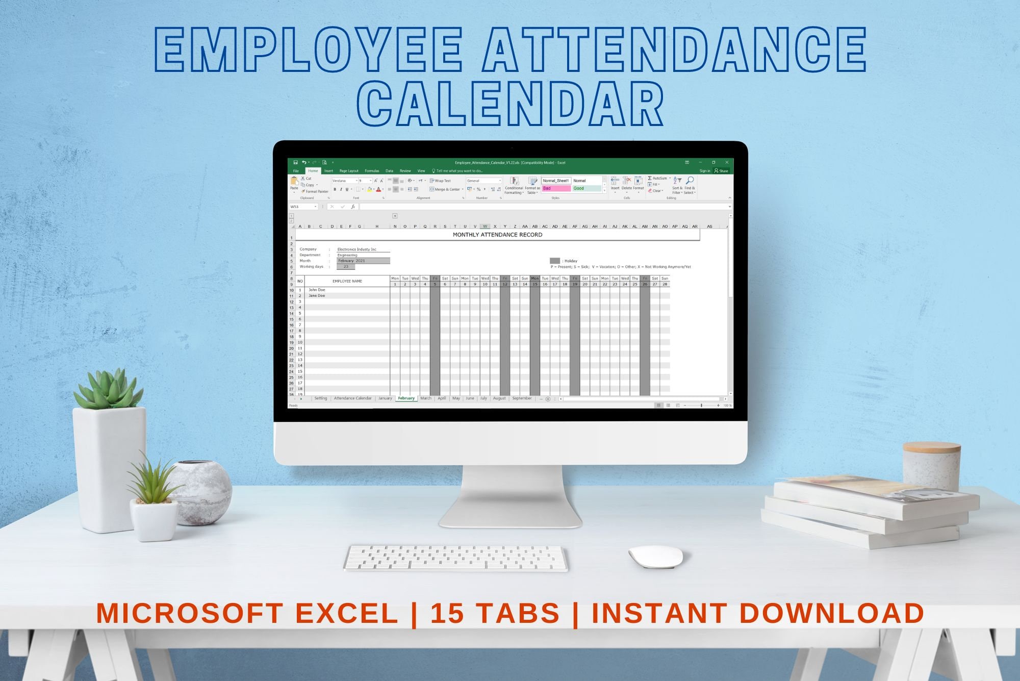 Employee Attendance Calendar & Attendance Tracker With Half Day off ...