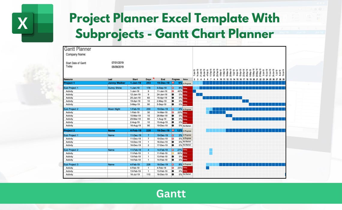 Project Planner Excel Template With Subprojects - Gantt Chart Planner ...