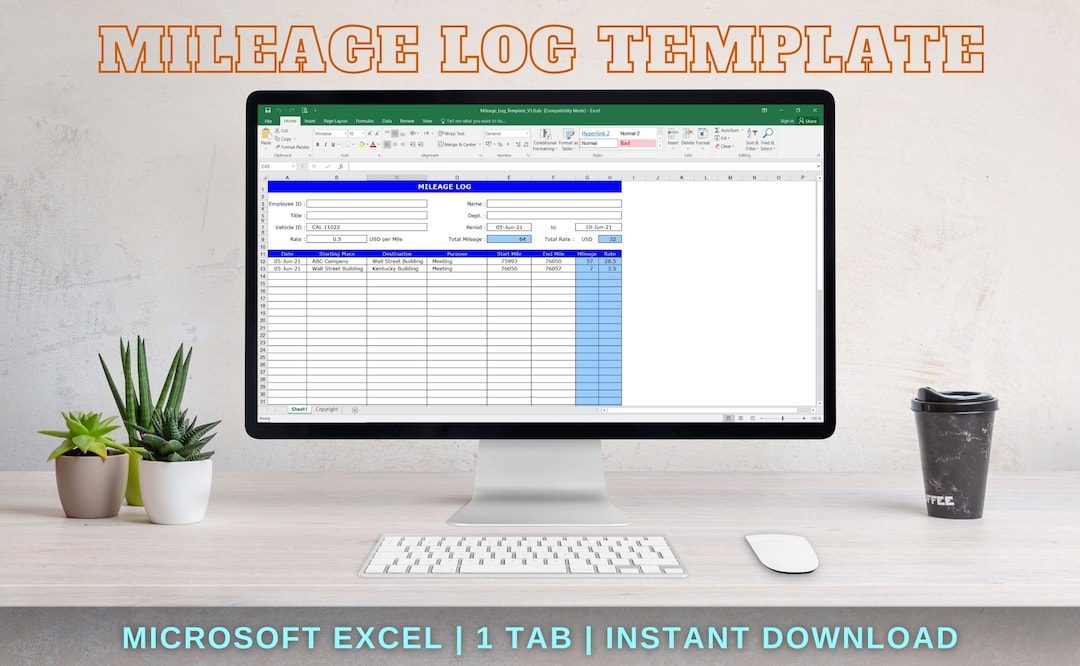 Mileage Tracker Form Excel Mileage Log Template - Etsy