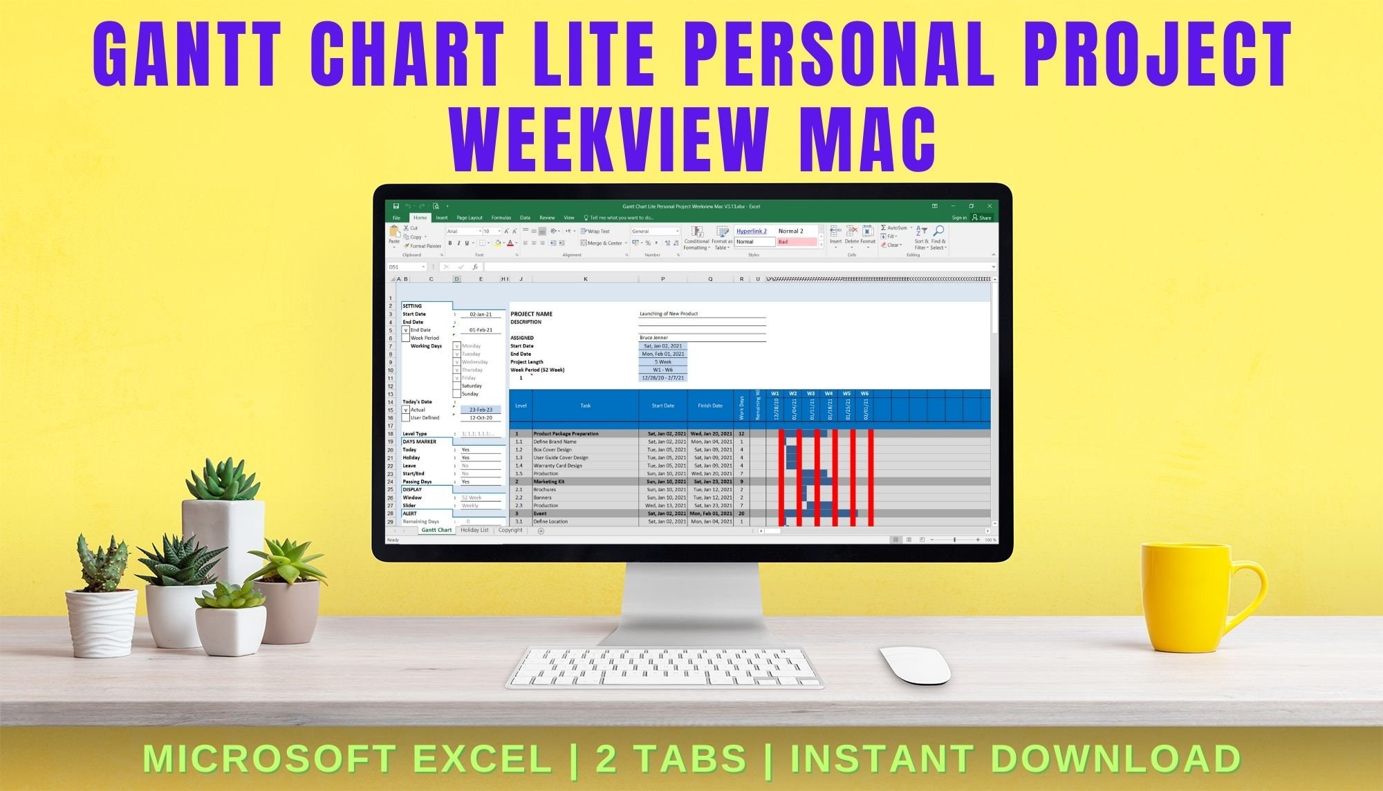 Weekly Project Planner Excel Template With Gantt Chart for Mac - Etsy