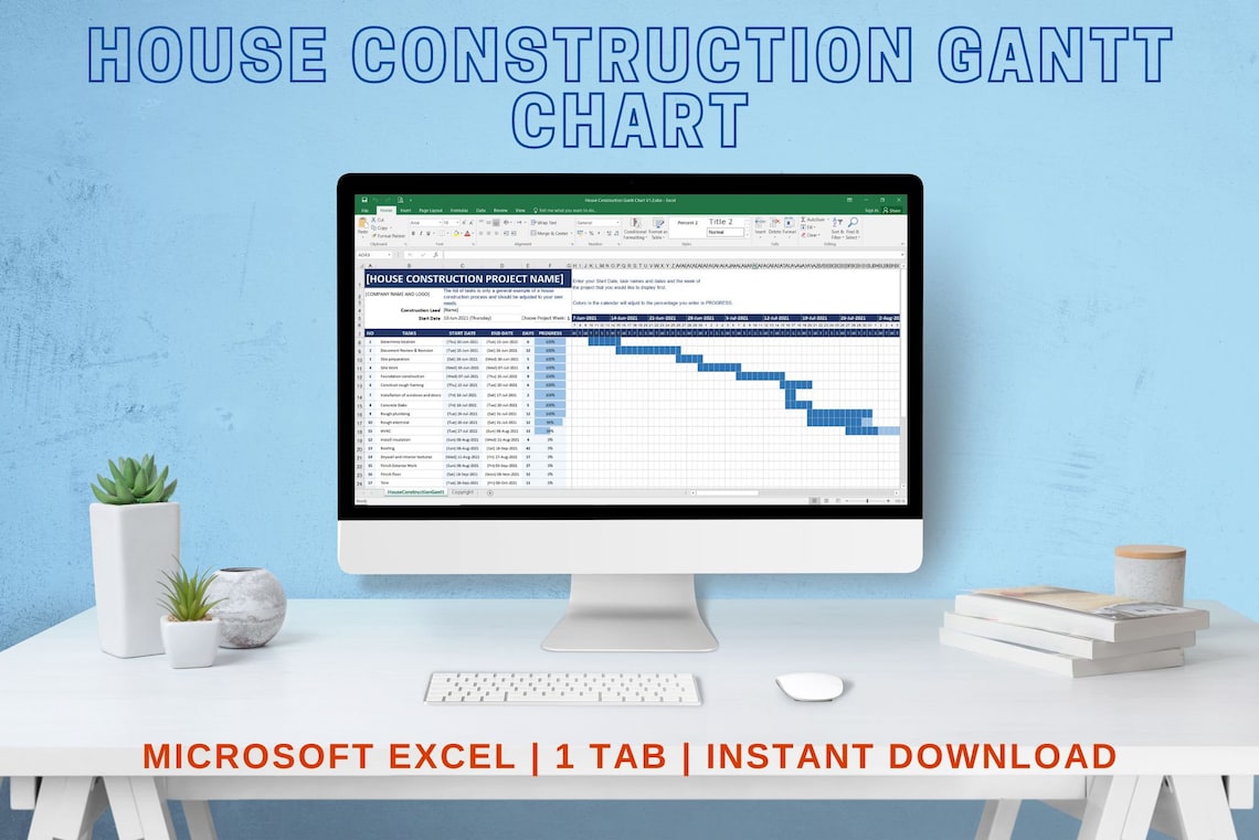 Construction Planner Excel Template With Gantt Charts - Etsy
