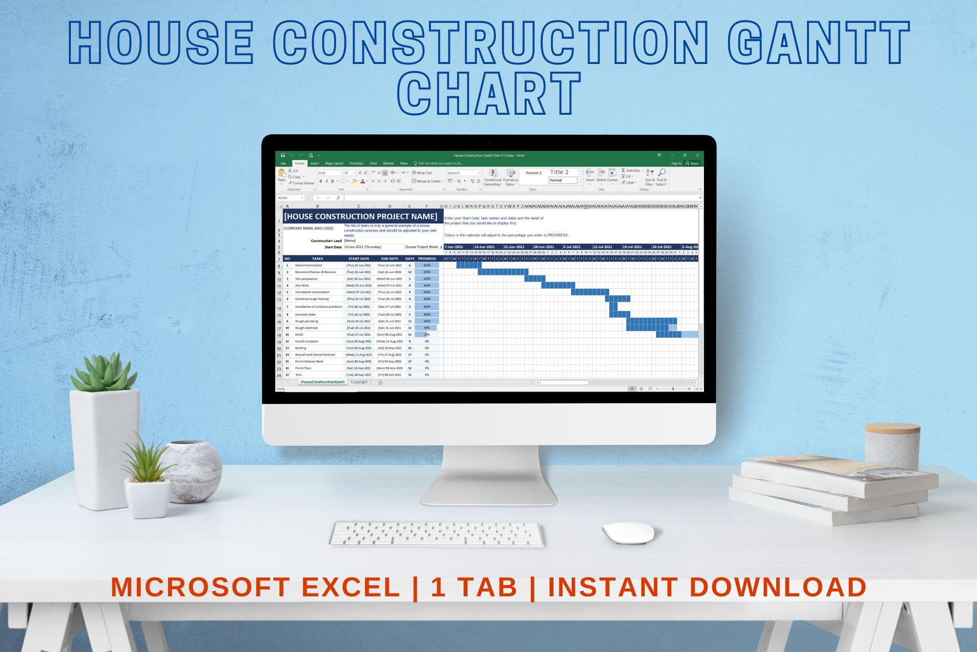 Construction Planner Excel Template With Gantt Charts - Etsy