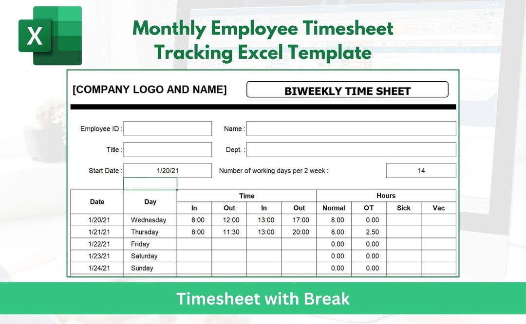 Monthly Employee Timesheet Tracking Excel Template - Etsy