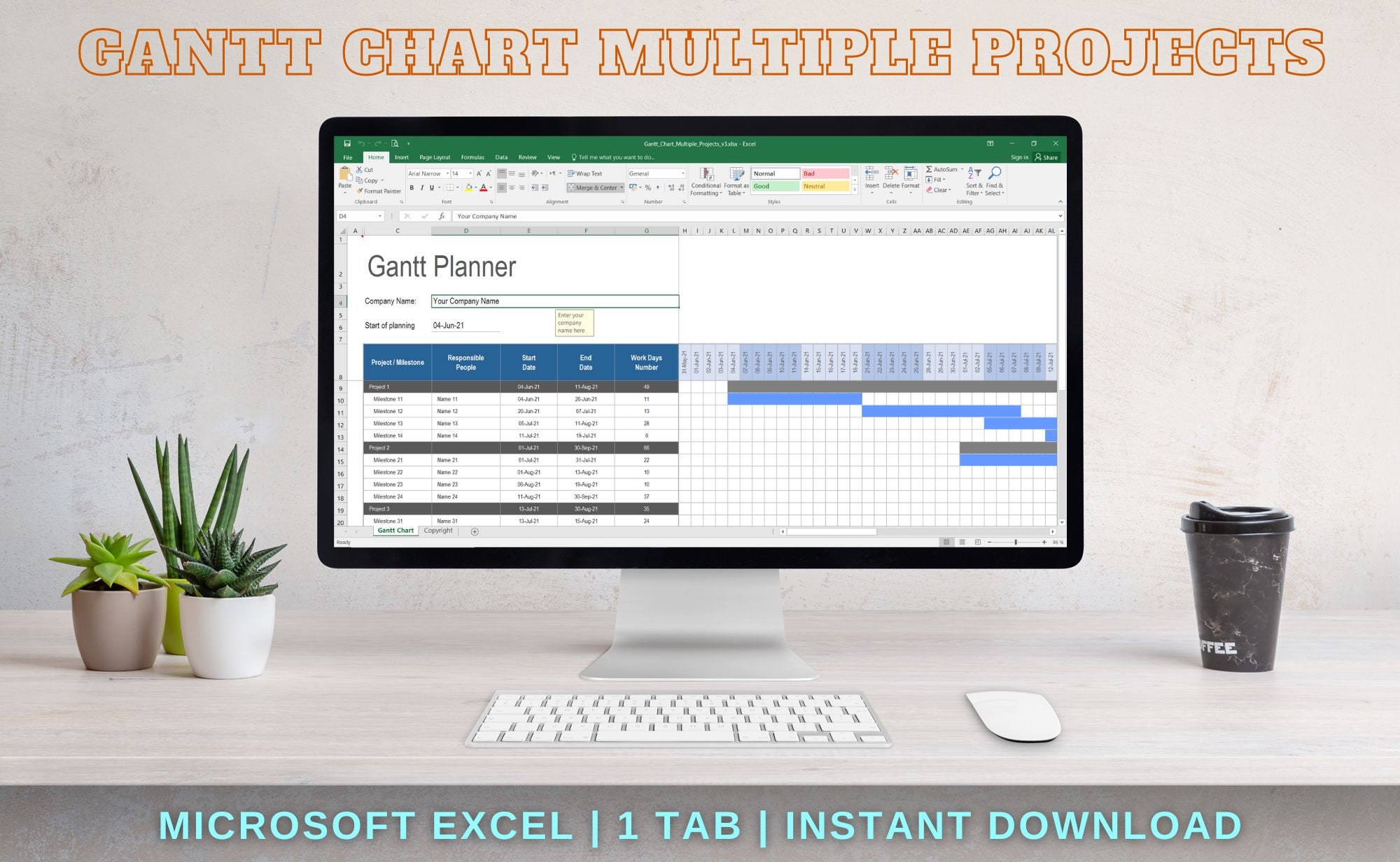 Project Planner Excel Template for Multiple Projects - Gantt Chart ...