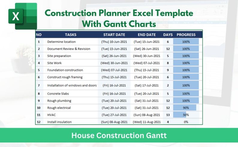 Construction Planner Excel Template With Gantt Charts - Etsy