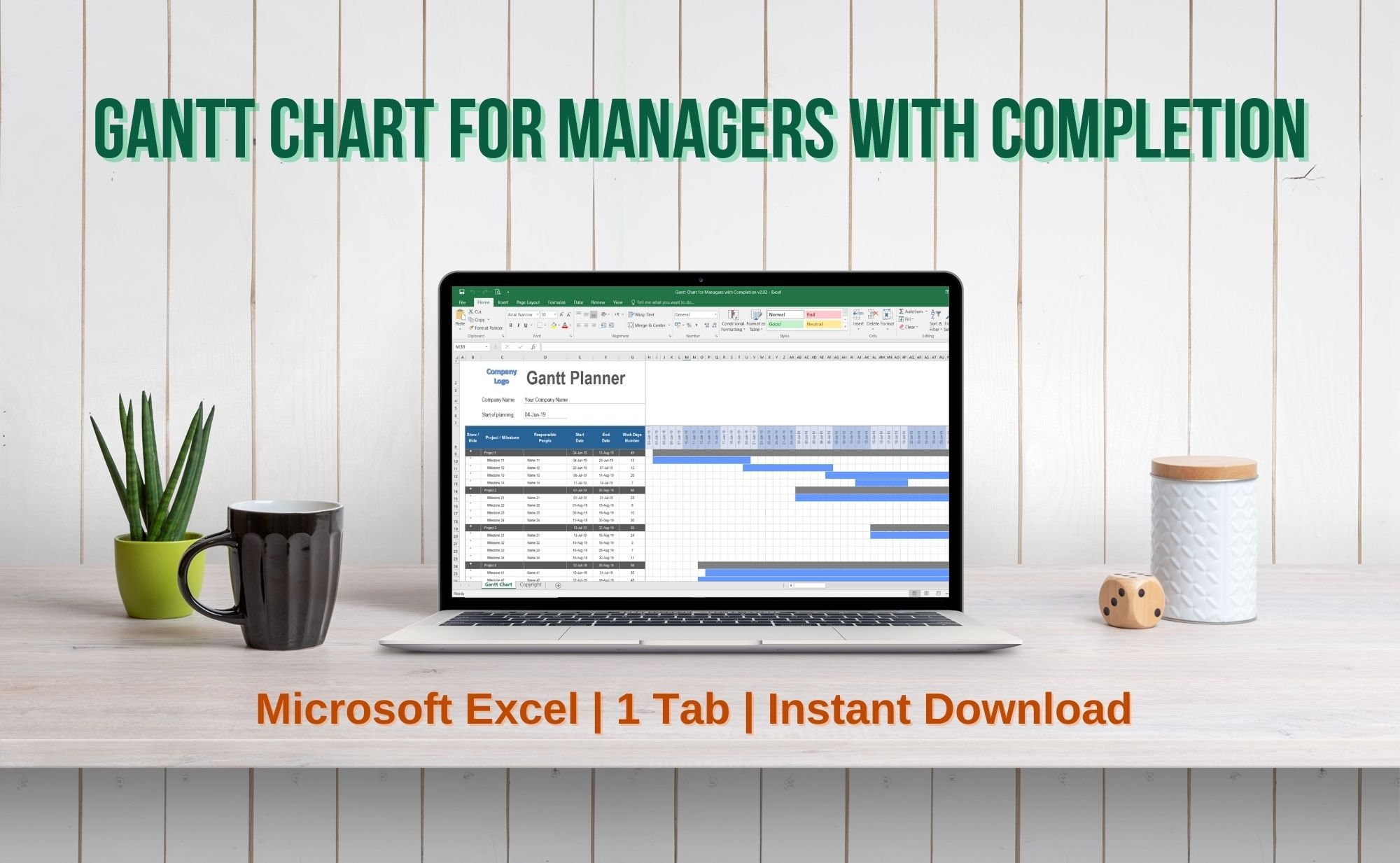 Project Management Excel Template for Managers Gantt Chart Planner With ...