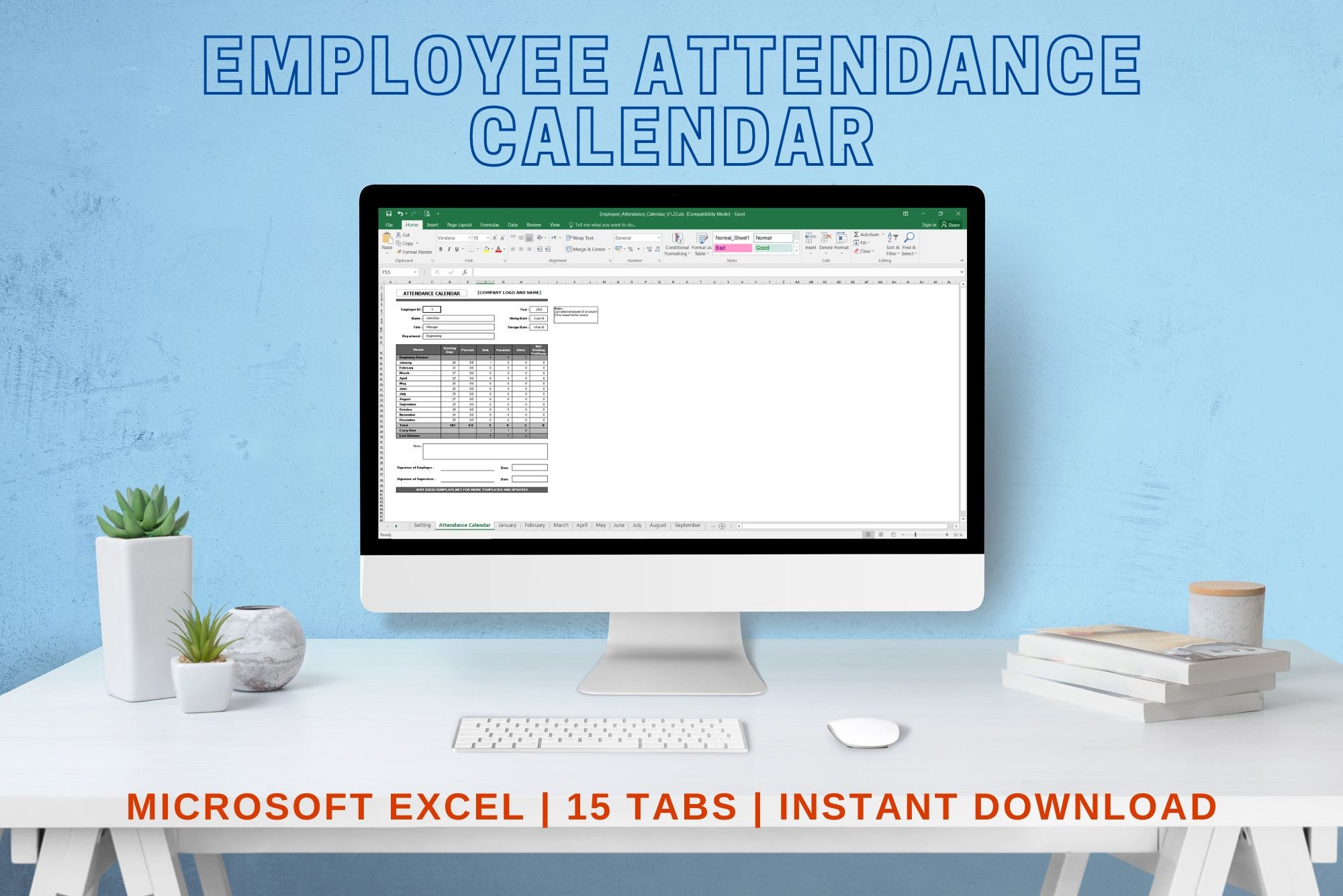 Employee Attendance Calendar & Attendance Tracker With Half Day off ...
