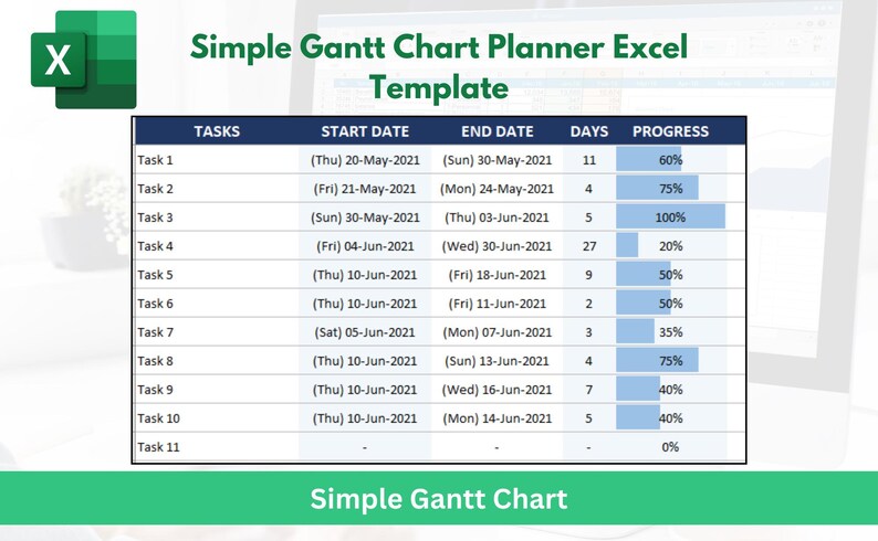 Simple Gantt Chart Planner Excel Template - Etsy