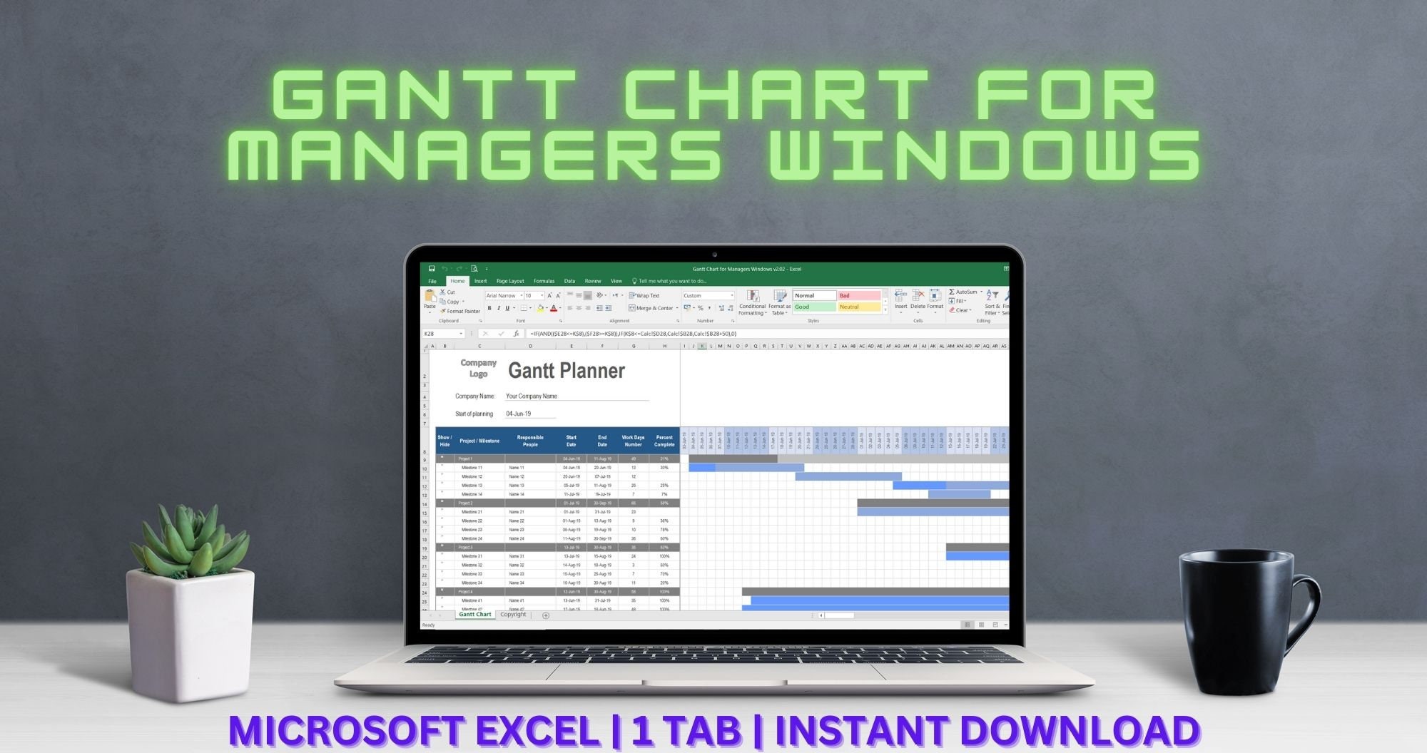 Project Management Excel Template for Managers - Gantt Chart Planner ...