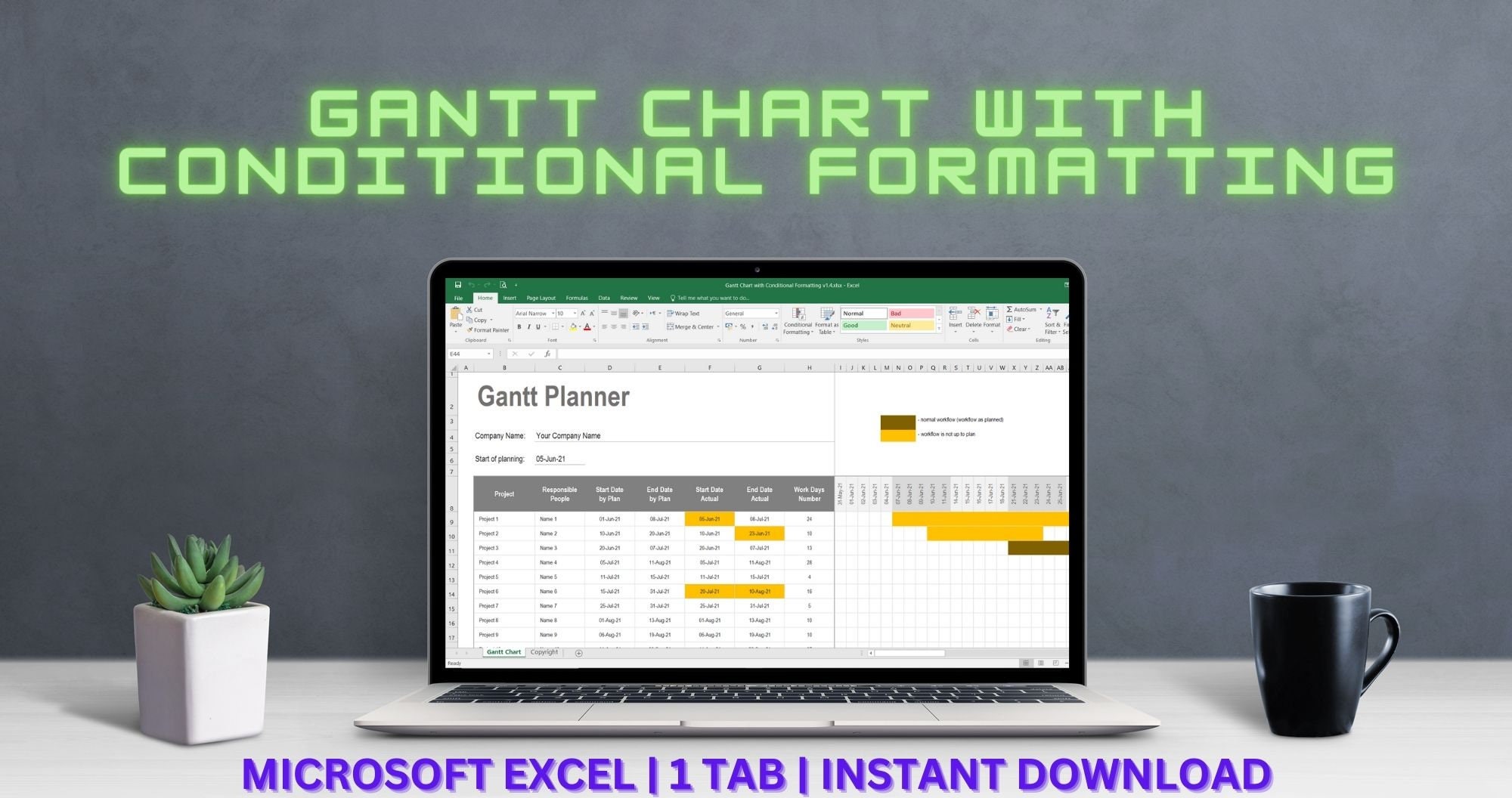 Project Planner Excel Template With Conditional Formatting - Gantt 