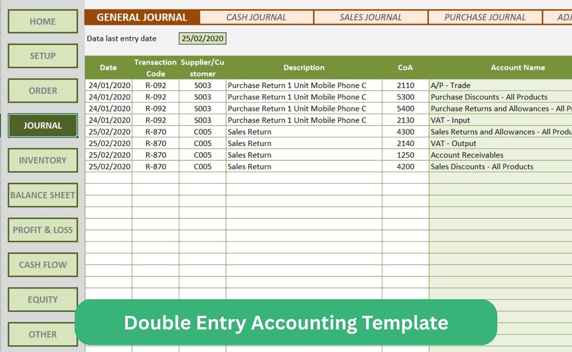 Double Entry Accounting Template - Excel Template With Examples - Etsy