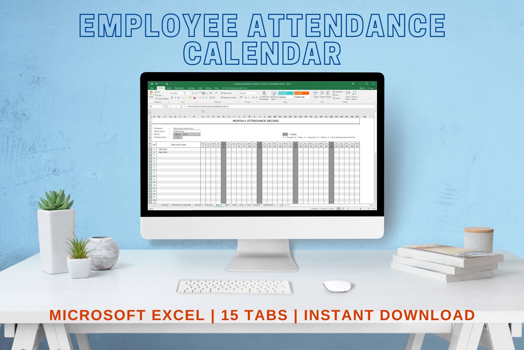 Employee Attendance Calendar & Attendance Tracker With Half Day off ...